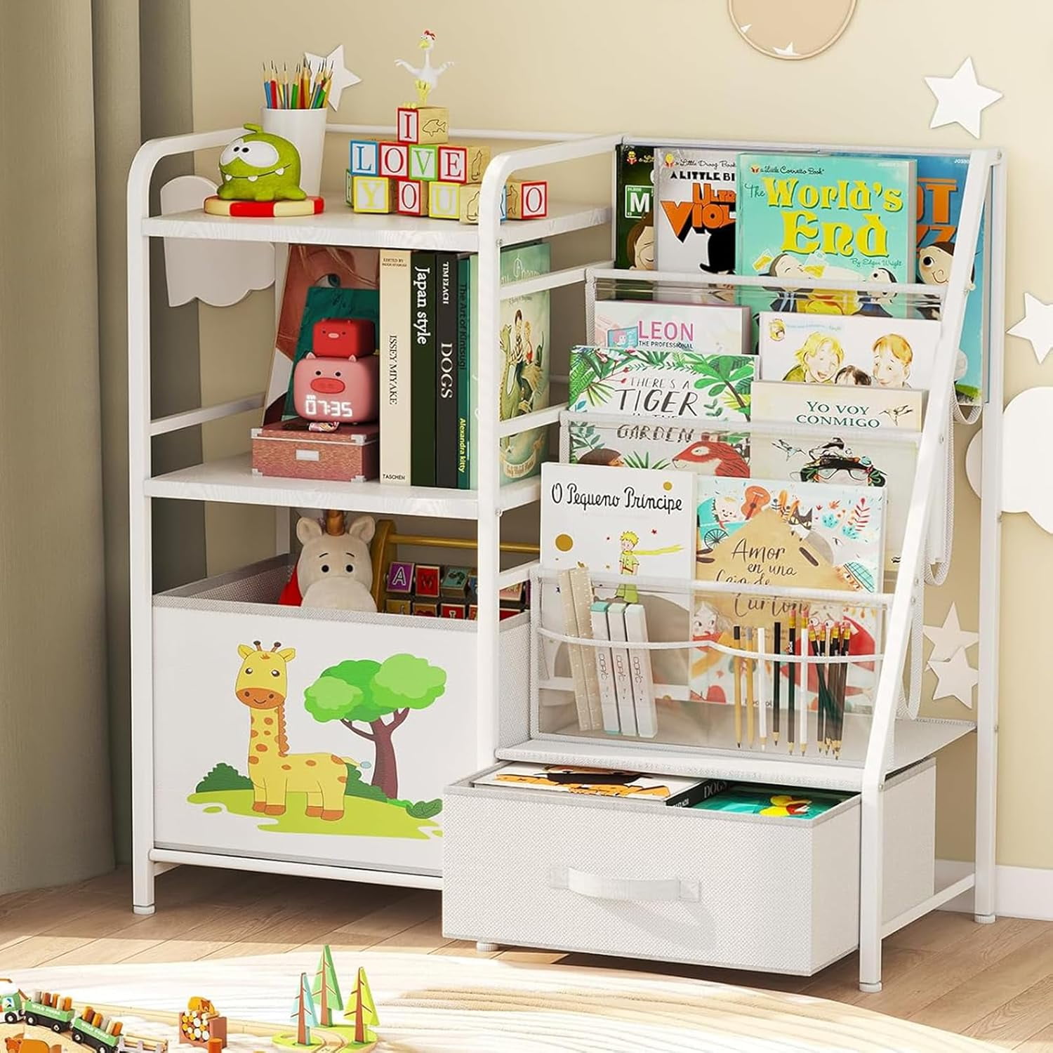 Kids Bookshelf and Toy Storage Organizer - 4 Tier Book Shelf with ...