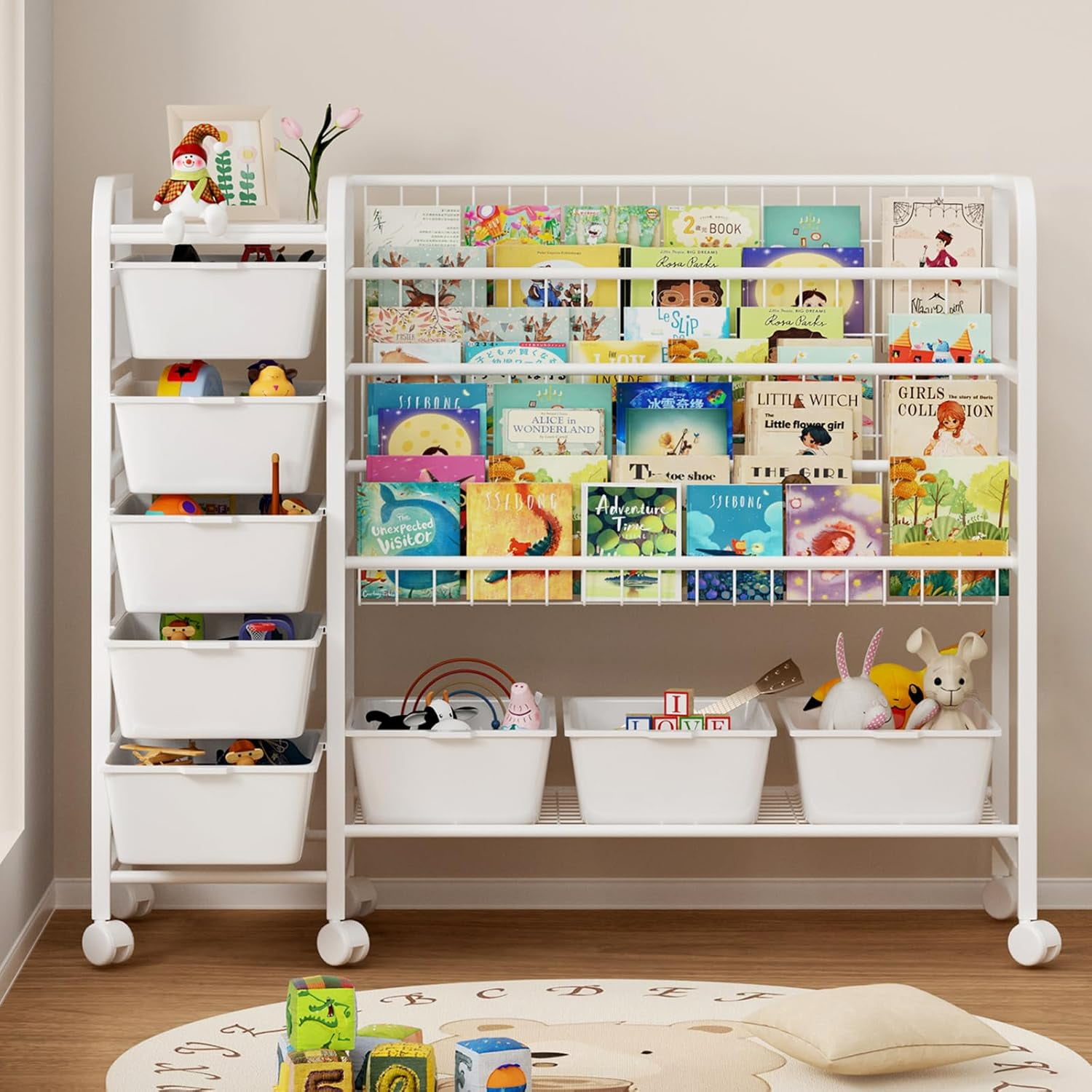 Kids Bookshelf with Toy Storage Organizer, 4-Tier Metal Kids Book Rack ...