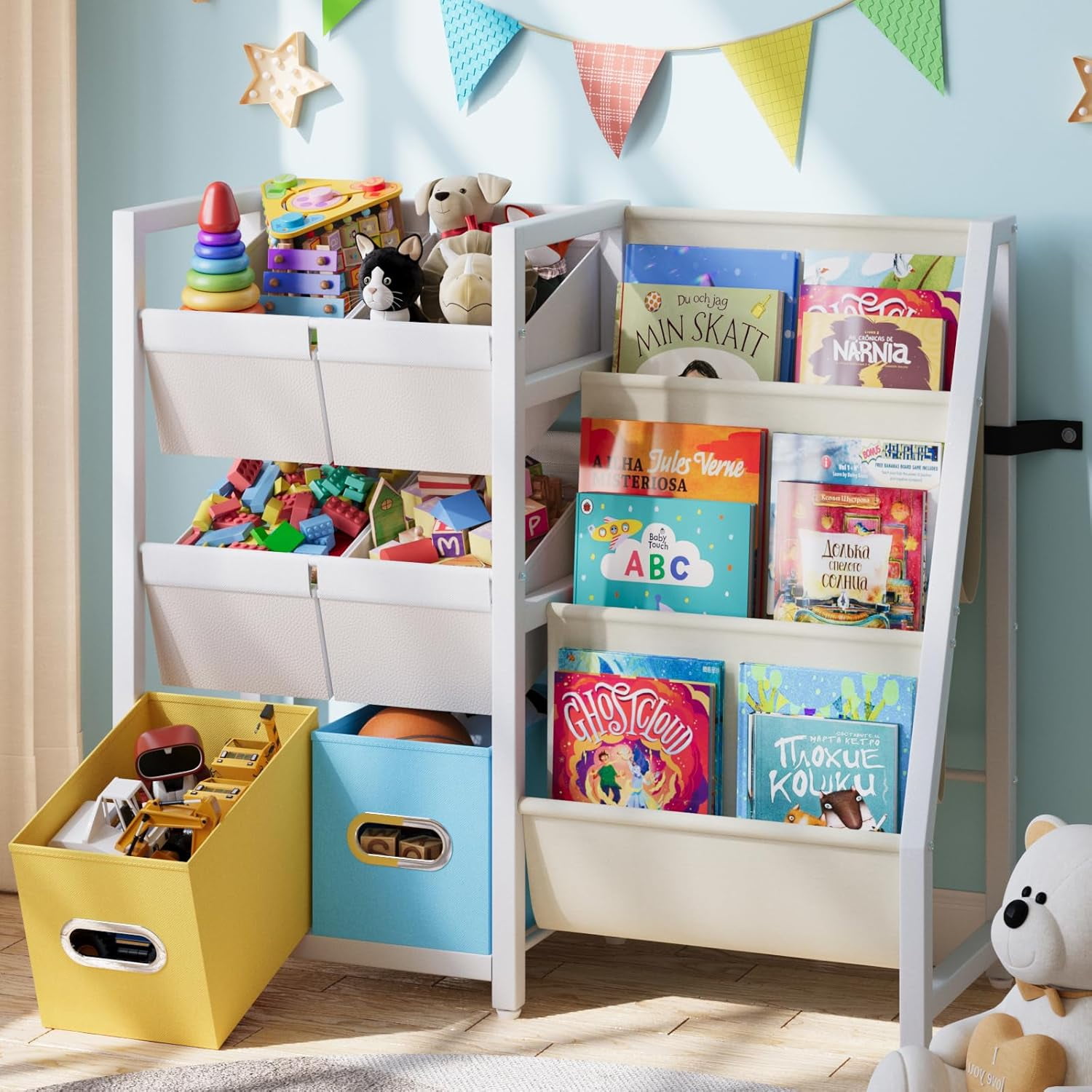 Bookshelf Toy Storage Organizer - Book Shelf for Rooms, 6 Toy Bins for Organizer and 3 Sling ...