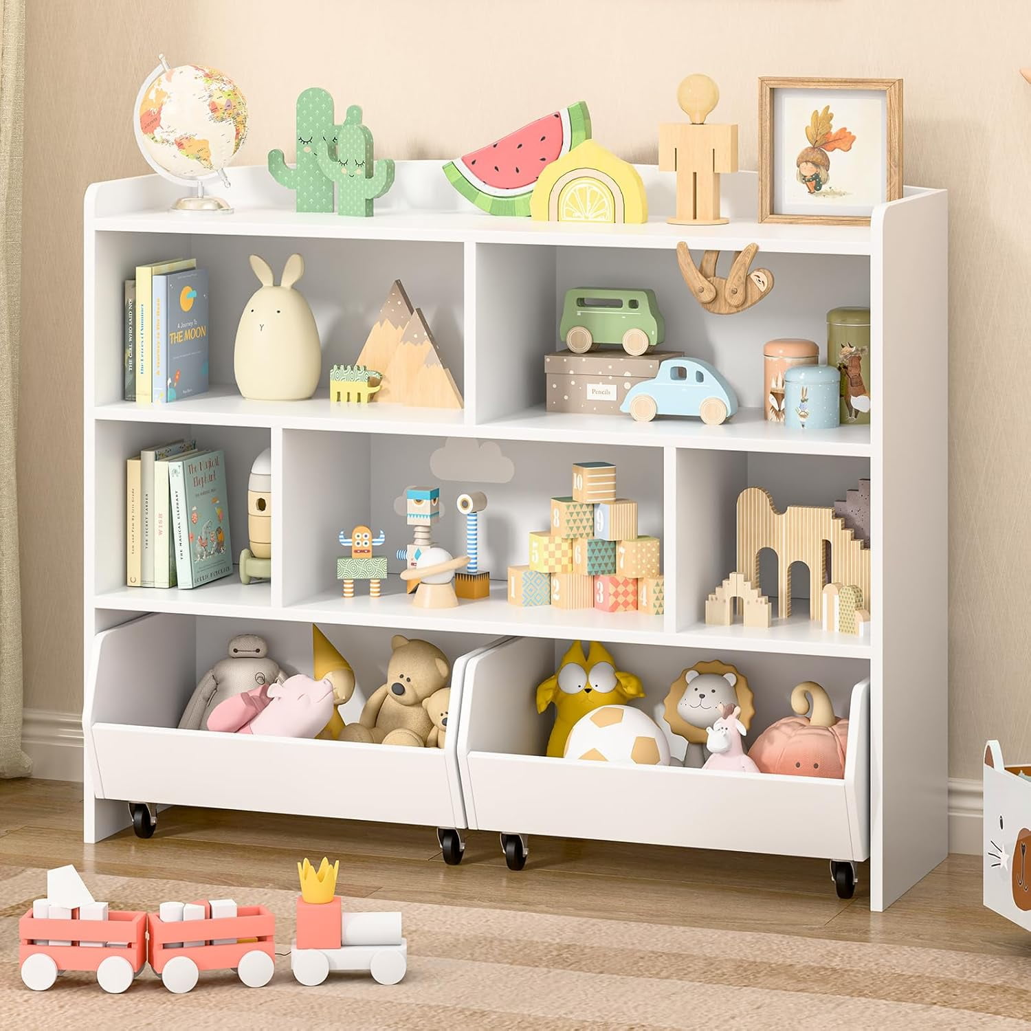 Kids Bookshelf, Toy Storage Organizer with Movable Drawers with Wheels ...