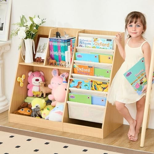 Kids Bookshelf and Toy Storage Organizer, Wooden Kids Book Shelf ...
