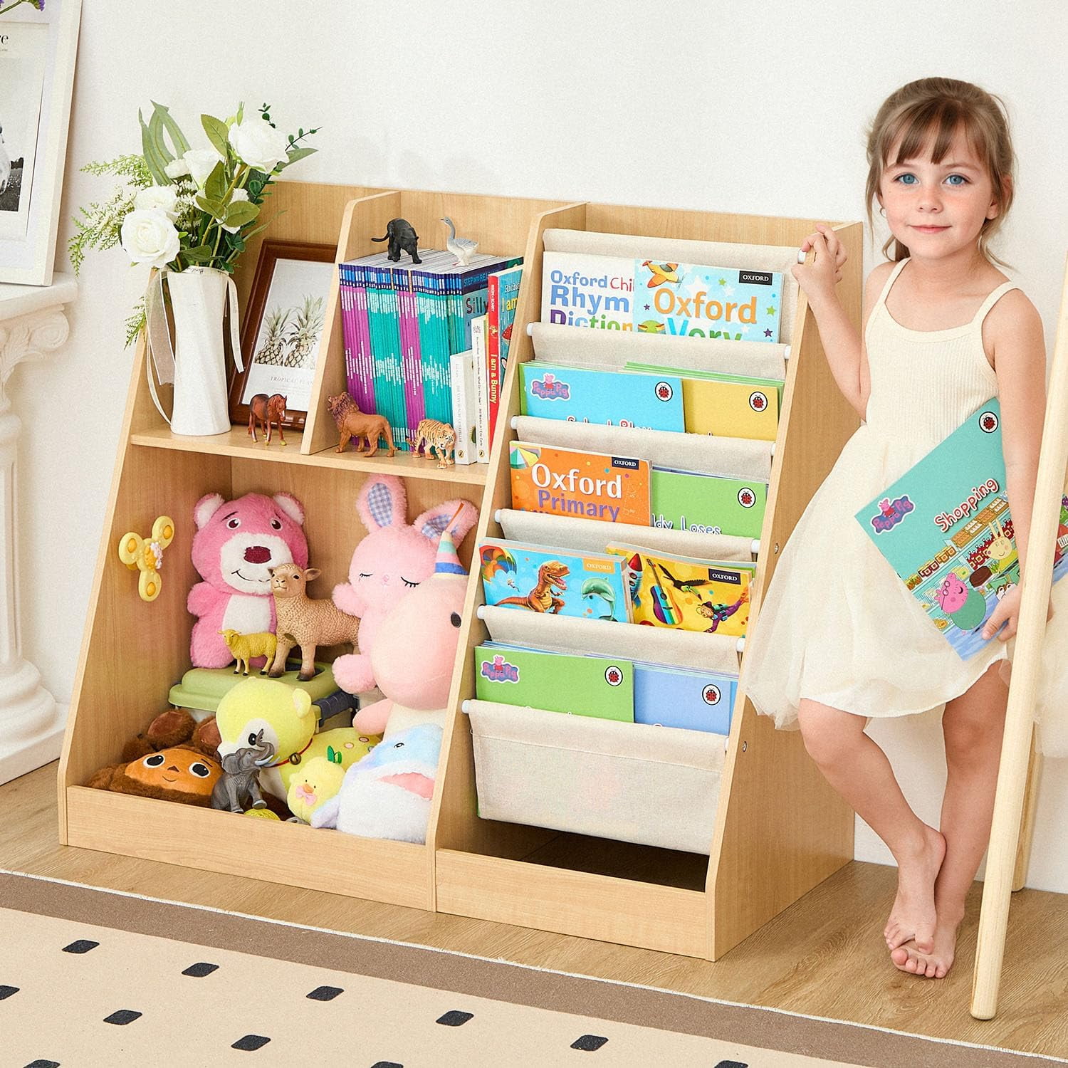 Kids Bookshelf and Toy Storage Organizer, Wooden Kids Book Shelf ...