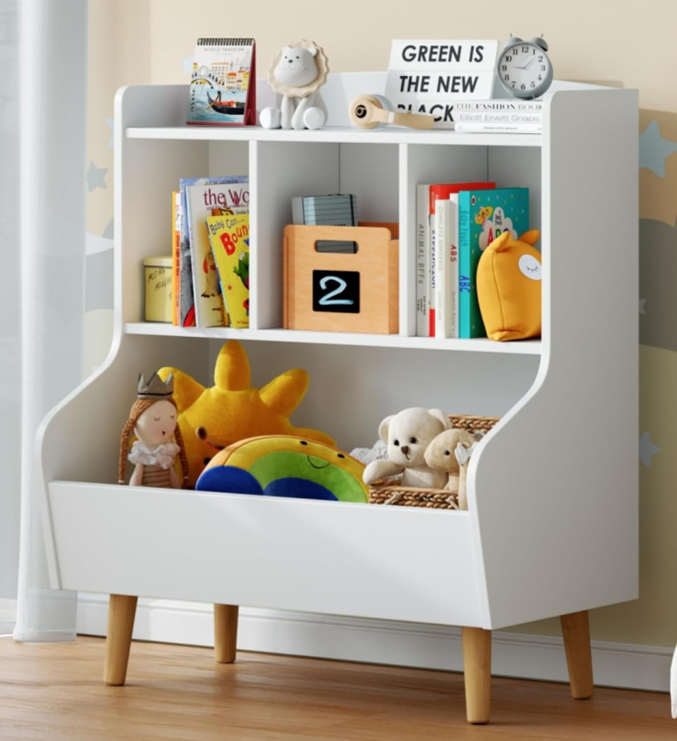 Kids Bookshelf and Toy Storage Organizer, Wooden Toddler Bookshelf for ...