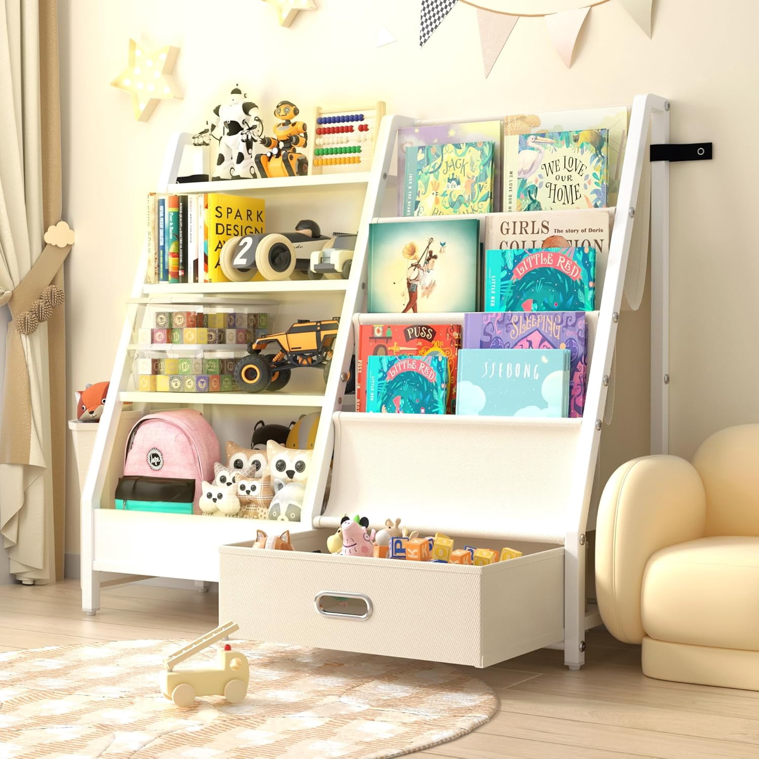 Kids Bookshelf and Toy Storage, Sling Bookshelf with Drawer, Montessori ...