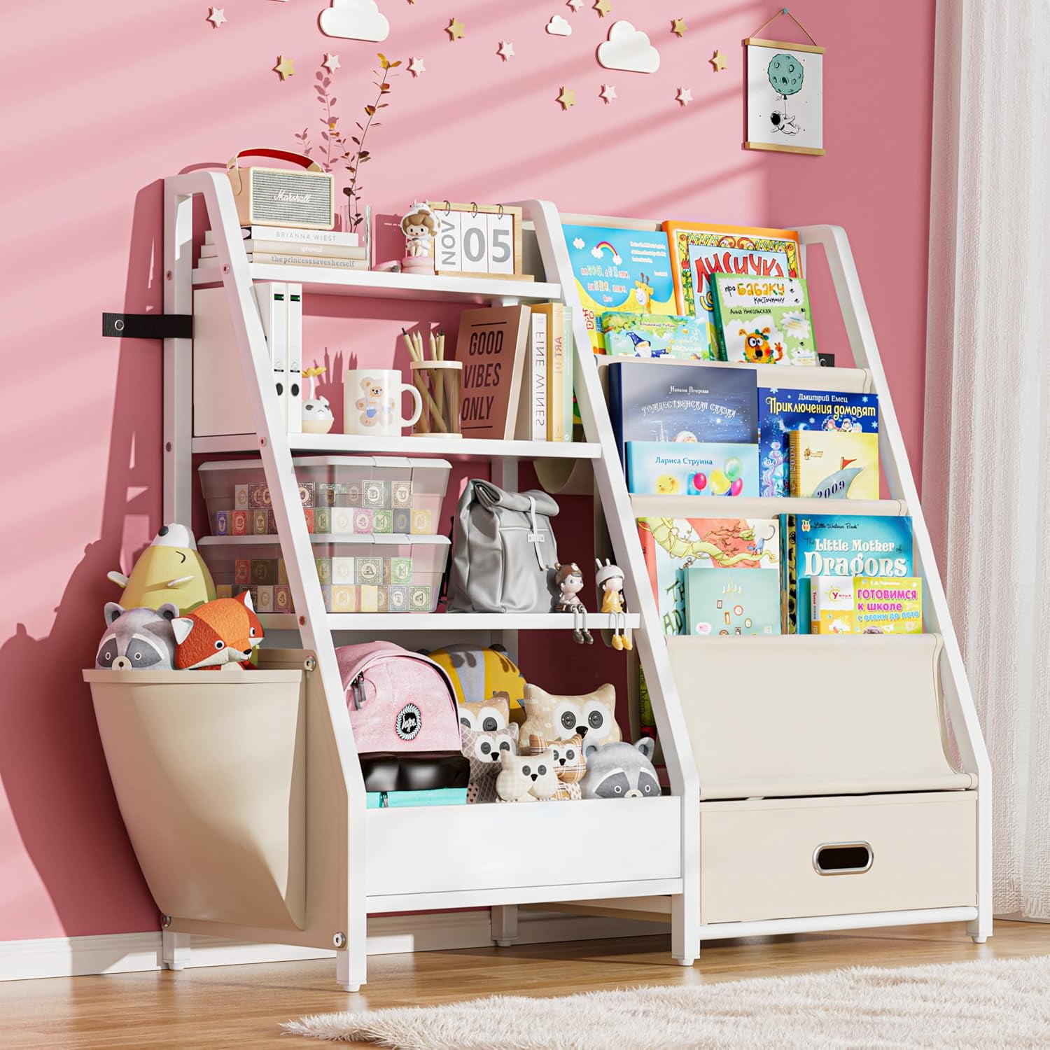 Kids Bookshelf with Toy Storage, Sling Bookshelf with Drawer ...