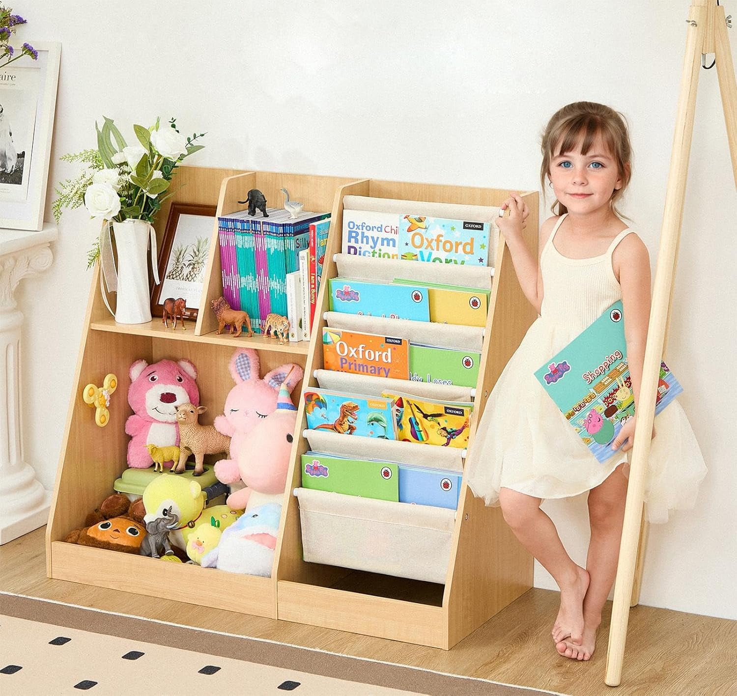 Kids Bookshelf and Toy Storage, Kids Wooden Bookshelf with Layer Sling ...