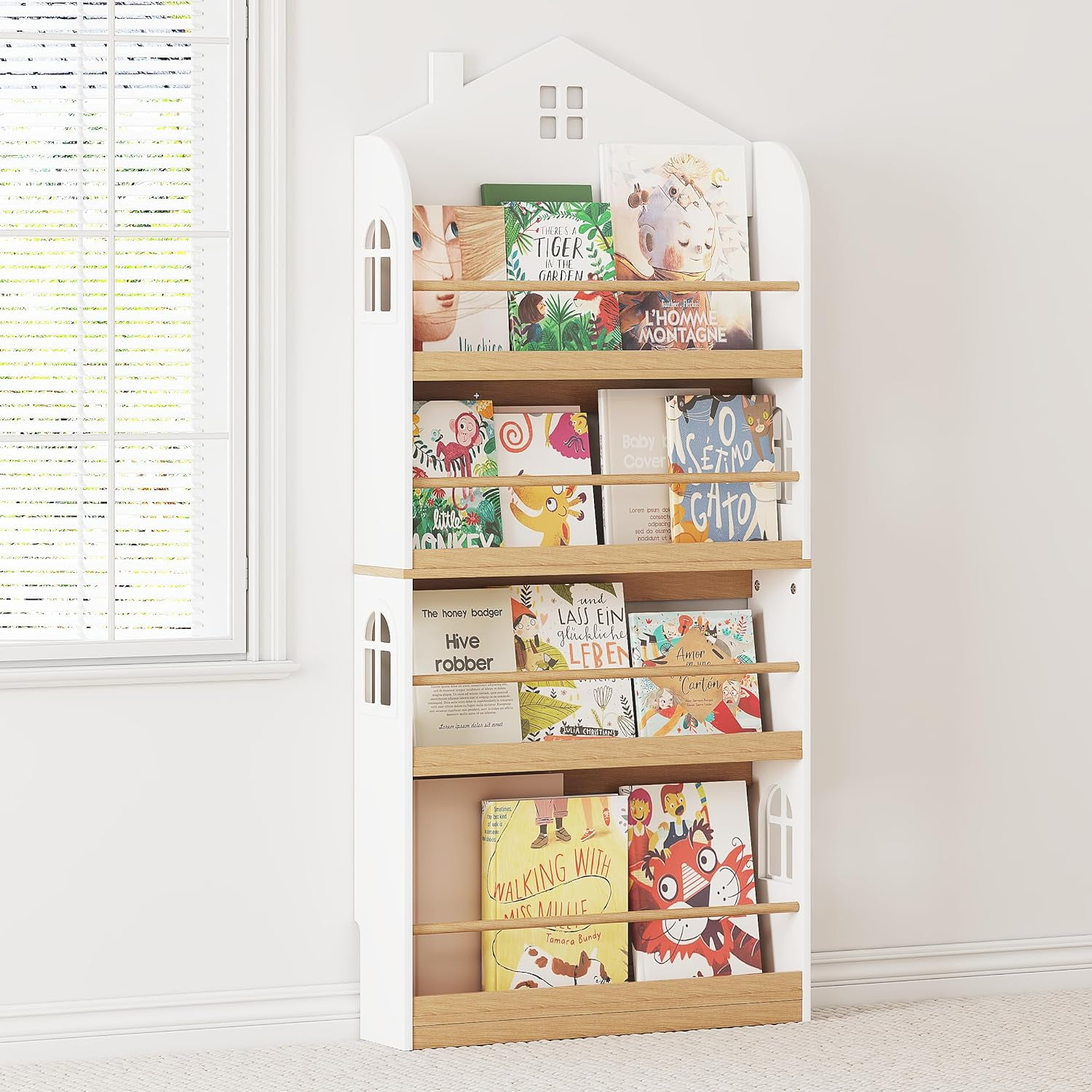 Kids Bookshelf Wall Mounted, 4-Tier Book Shelf Organizer, Tall Wooden ...