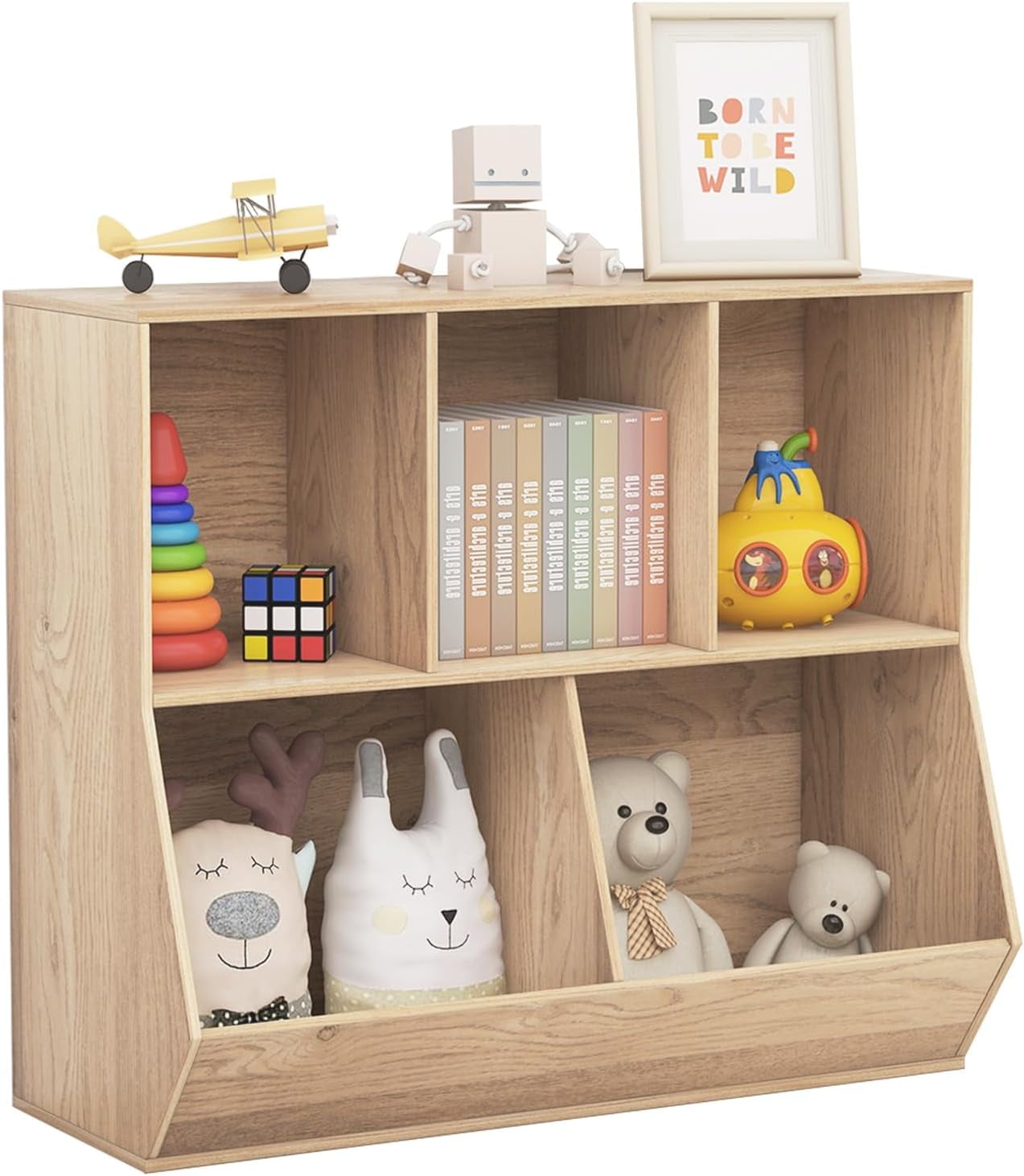 Kids Bookshelf and Toy Organization,5 Cubby Open Wooden Playroom ...