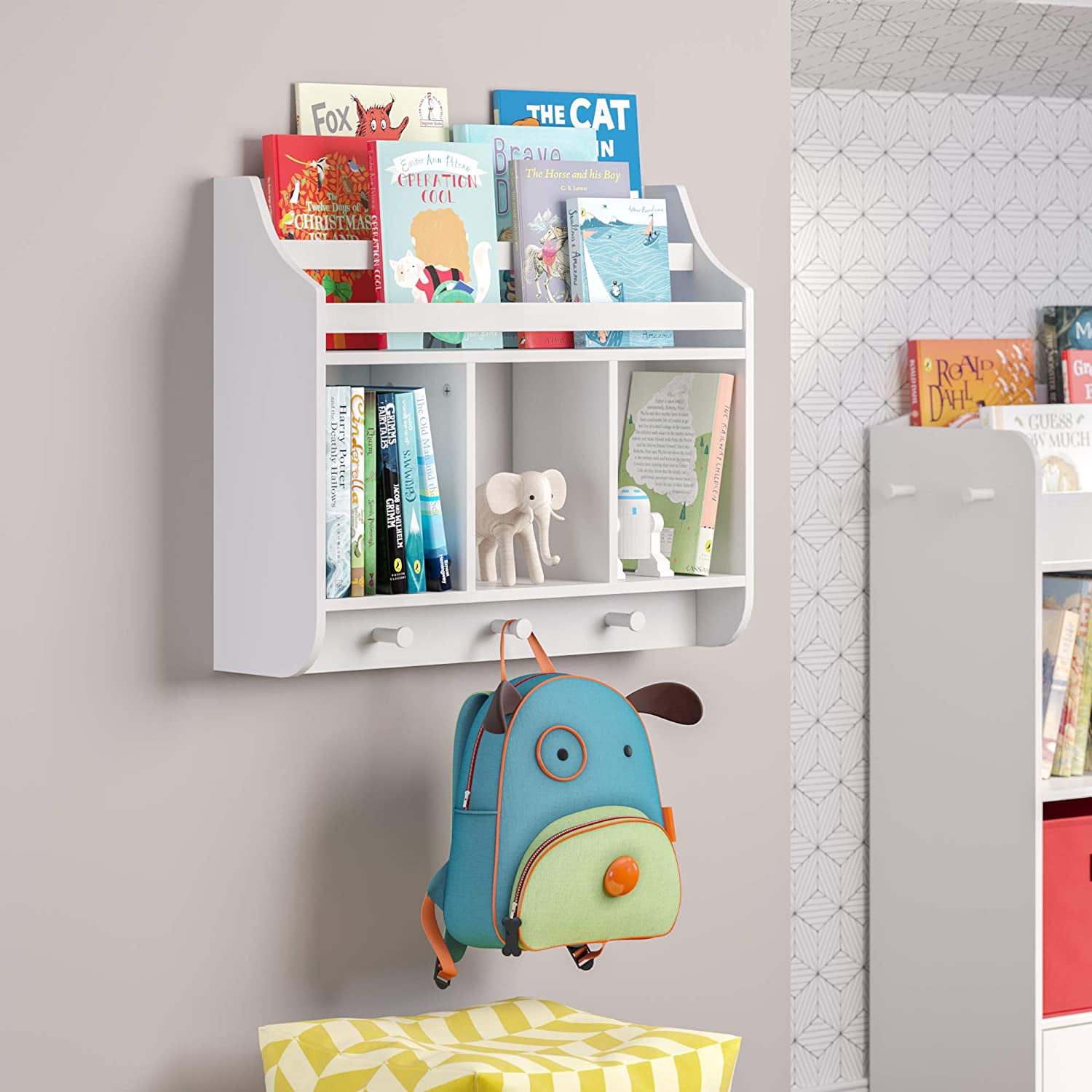 Kids Bookshelf with 3 Cubbies & Hooks - Book Nook Wall Bookshelf for ...