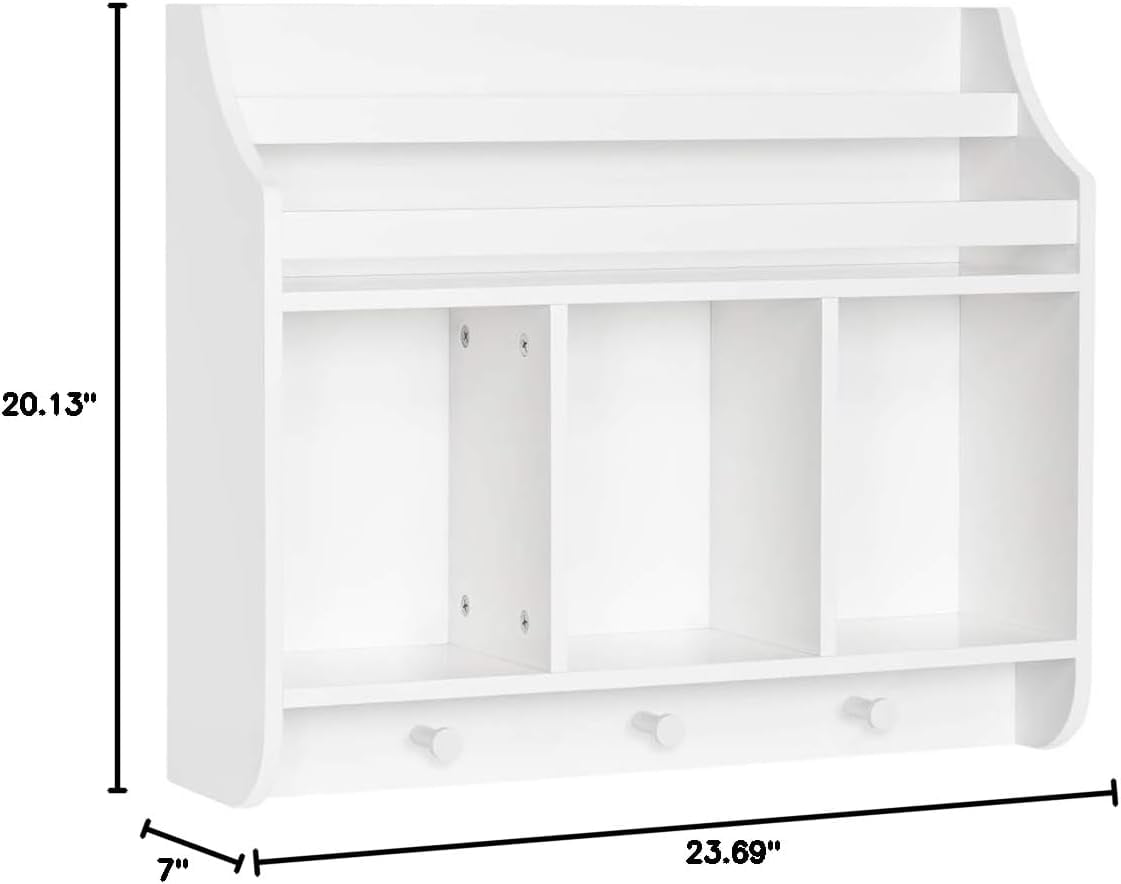 Kids Bookshelf with 3 Cubbies & Hooks - Book Nook Wall Bookshelf for ...