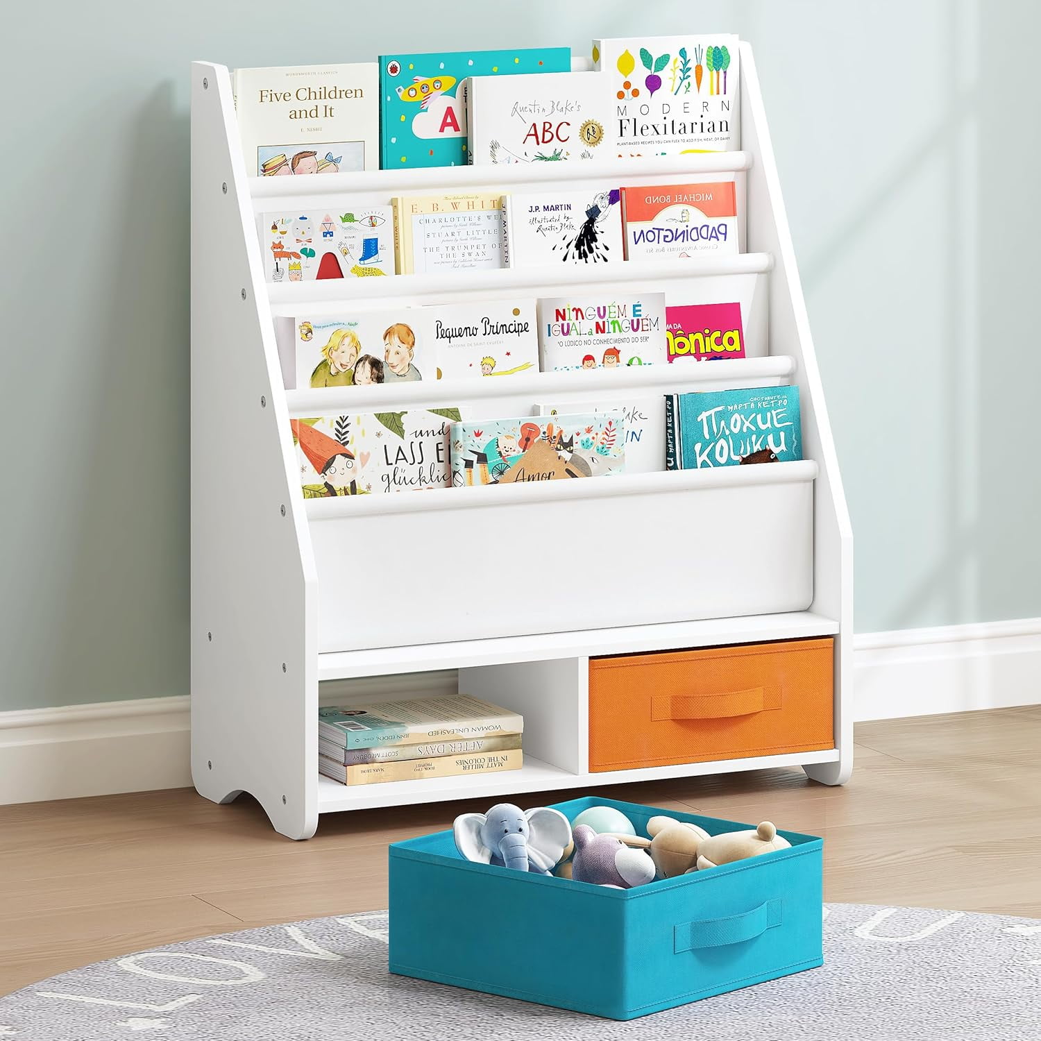 Kids Bookshelf with Storage Bins, Book Shelf for Kids Rooms, 4-Tier ...
