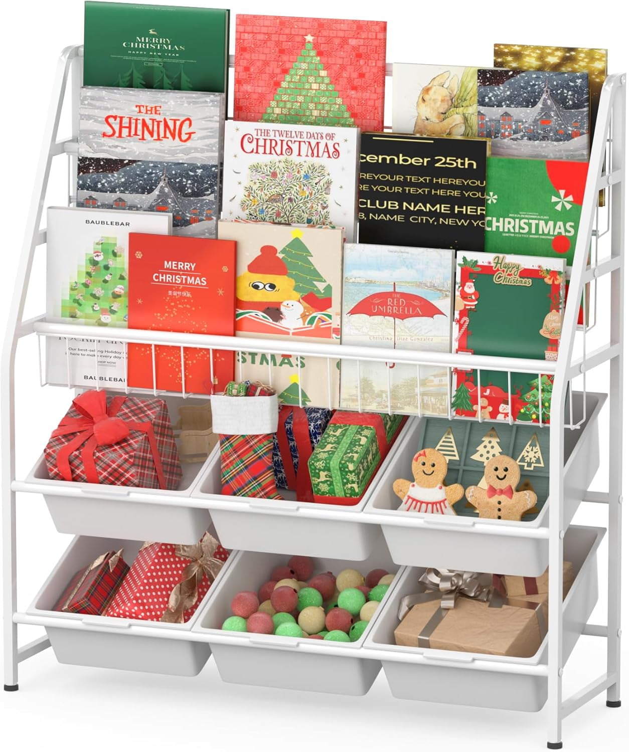 Kids Bookshelves with Storage Bins, 3-Tier Metal Bookcases Rack on ...