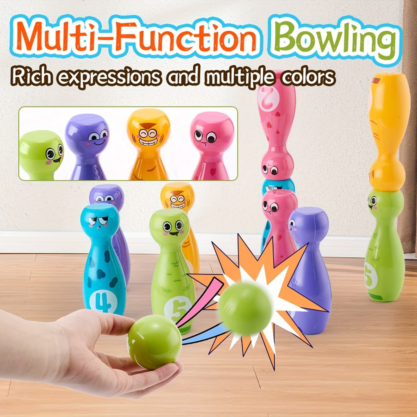 Kids Bowling Set With 10 Colorful Pins And 2 Lightweight Balls, Soft ...