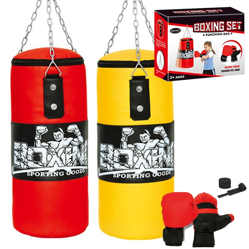 Kids Boxing Punching Bag Set - 2ft Leather Heavy Boxing Bag with Gloves ...