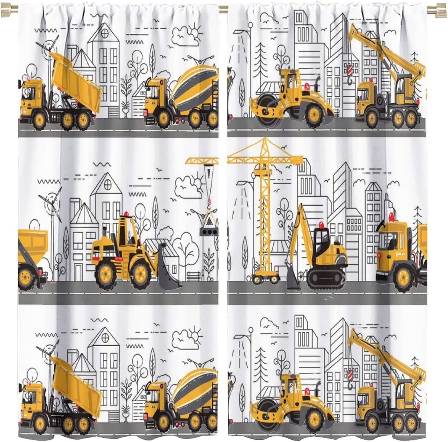 Kids Boys Construction Trucks Curtains Cartoon Colorful Cars Bulldozer ...