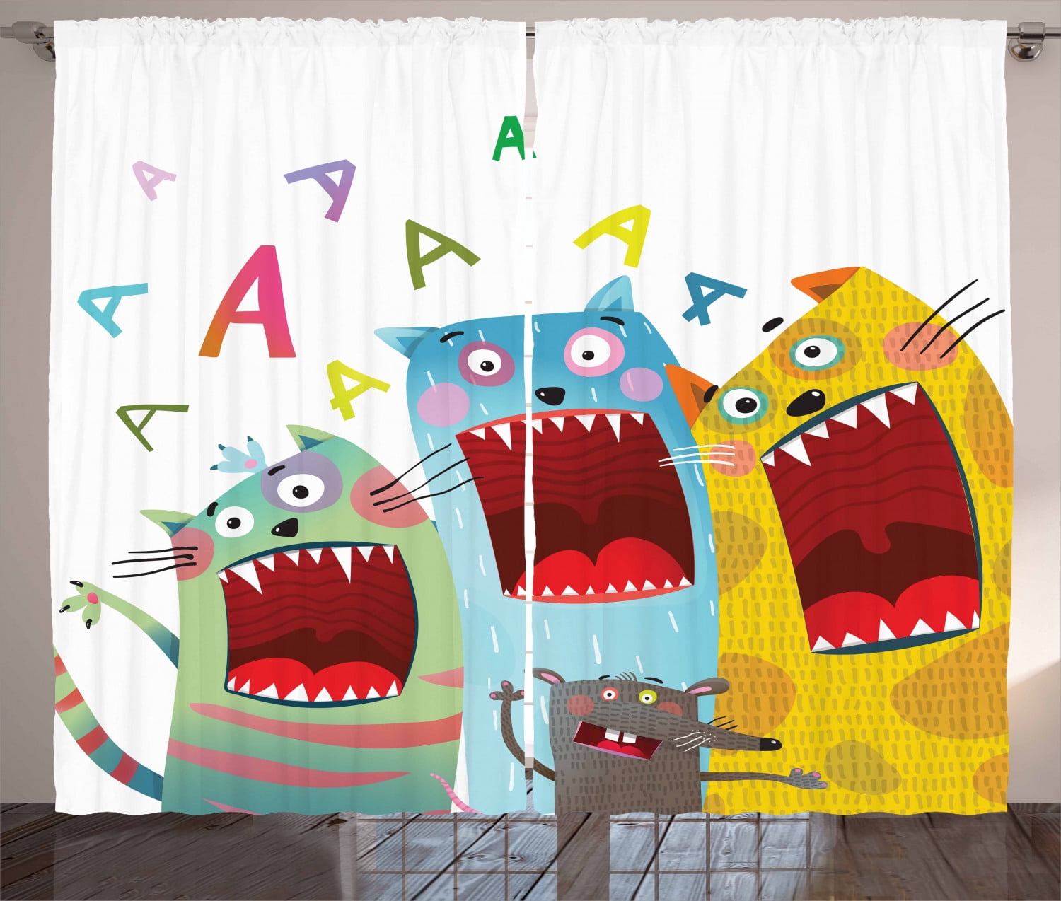 Ambesonne Cartoon Curtains 2 Panel Set, Cats and Rat, 108" x 84 ...