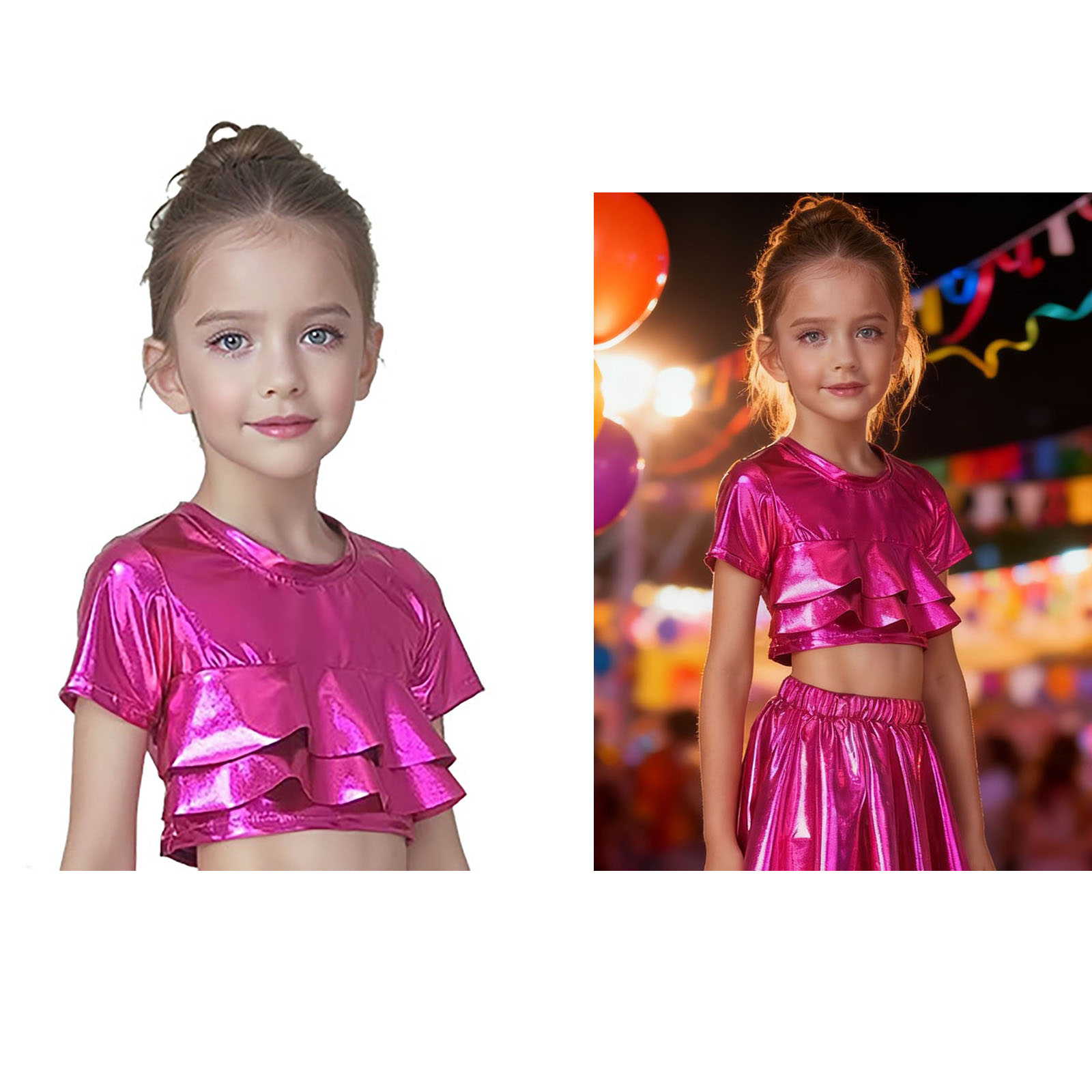 Kids Boys Girls Short Sleeve Crop Top Metallic Sparkle Shiny Dance T ...