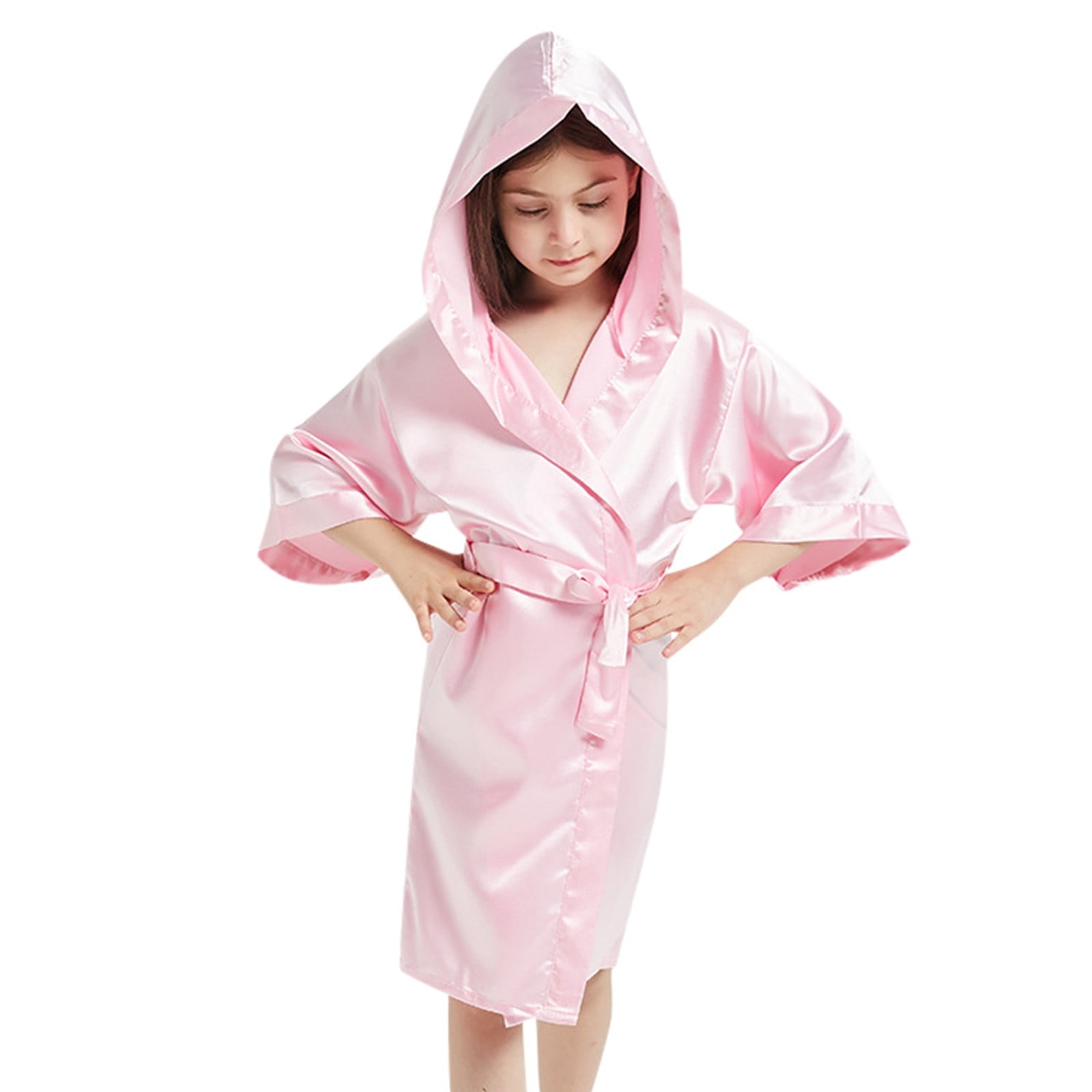 Kids Boys Girls Silk Satin Hooded Bathrobe Kimono Robes Nightgown ...