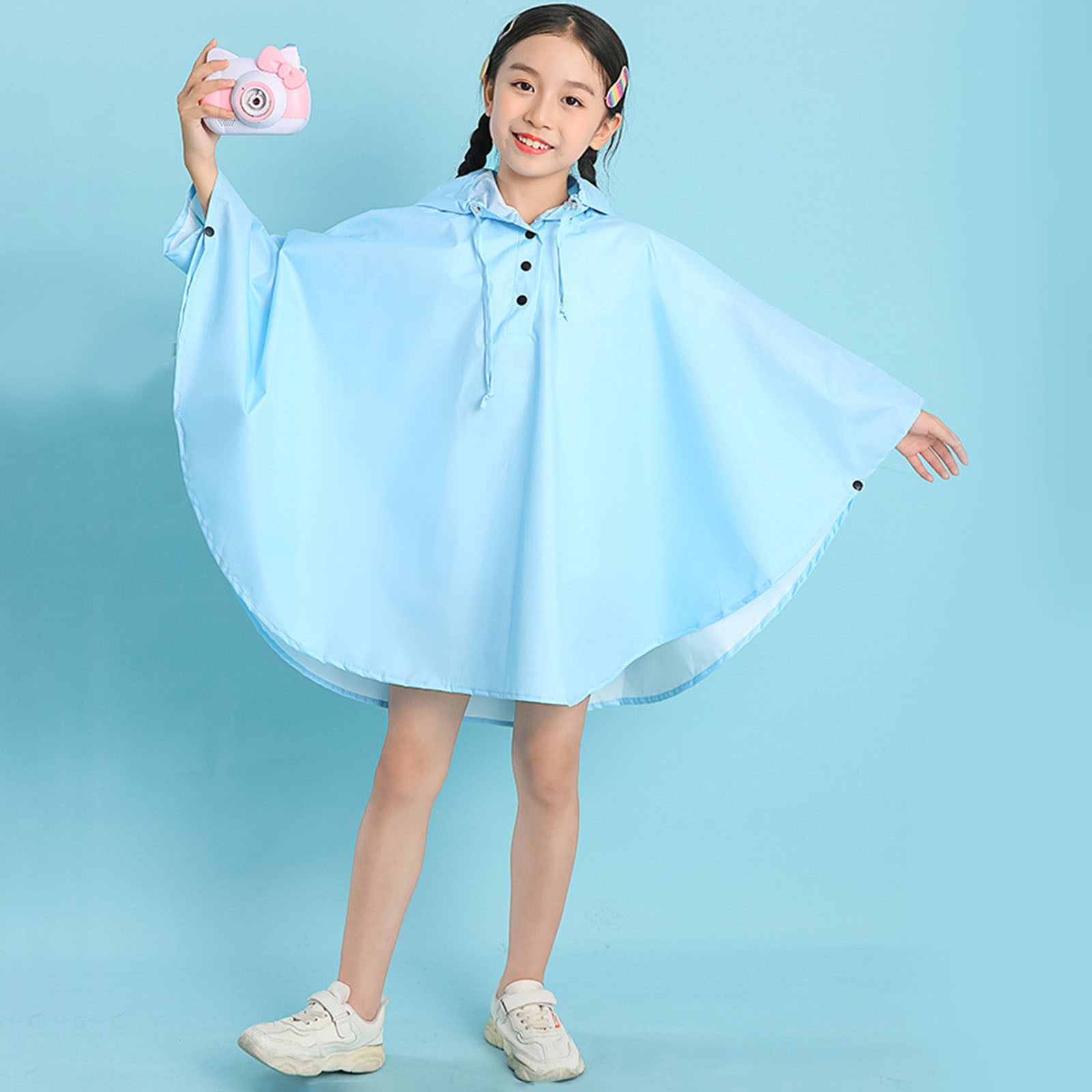 Kids Boys Girls Student's Solid Color Outdoor Hooded Poncho Raincoat ...