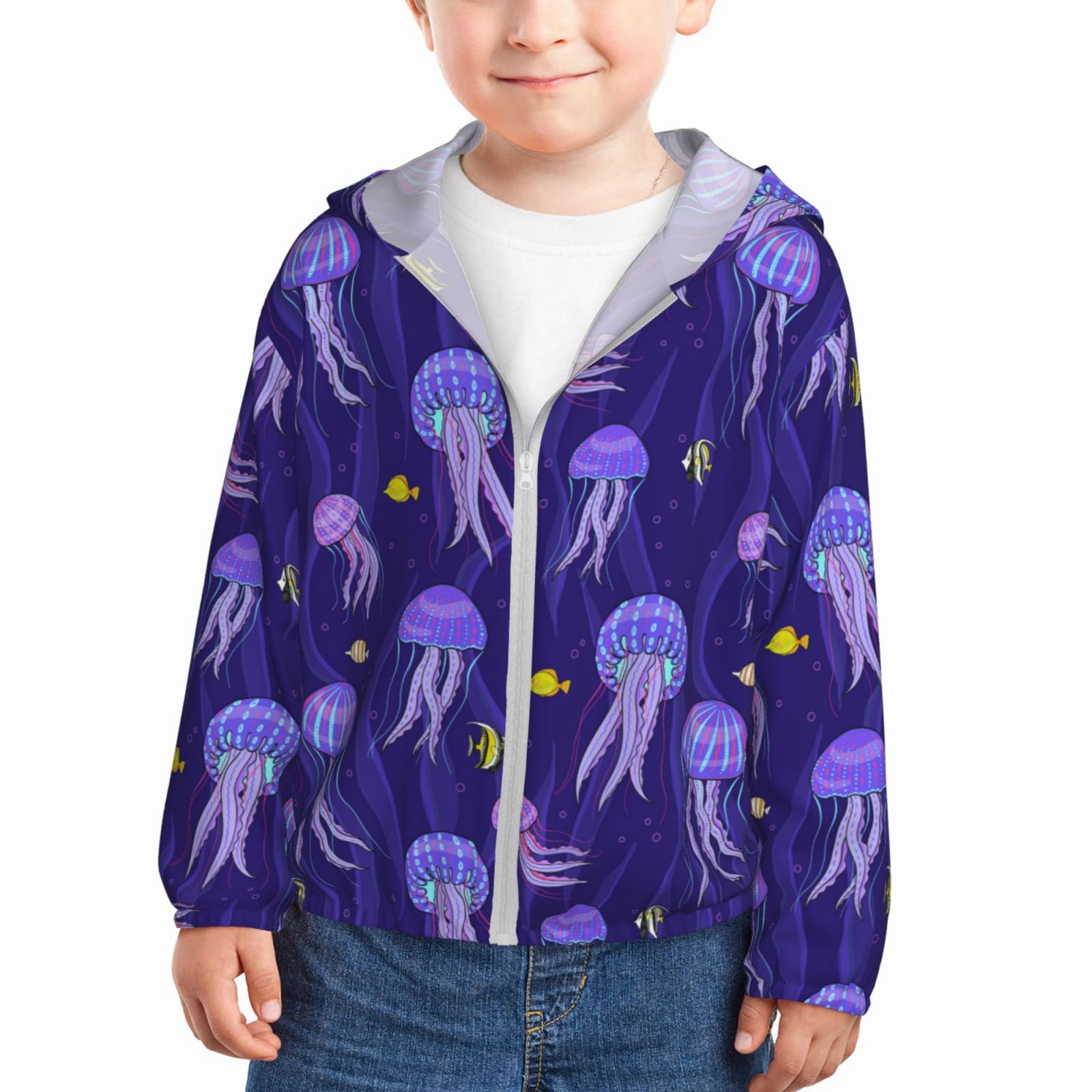 Kids Boys Girls Zip Up Hoodie - Yellow Fish Purple Jellyfish Sun Protection Sweatshirt Workout ...