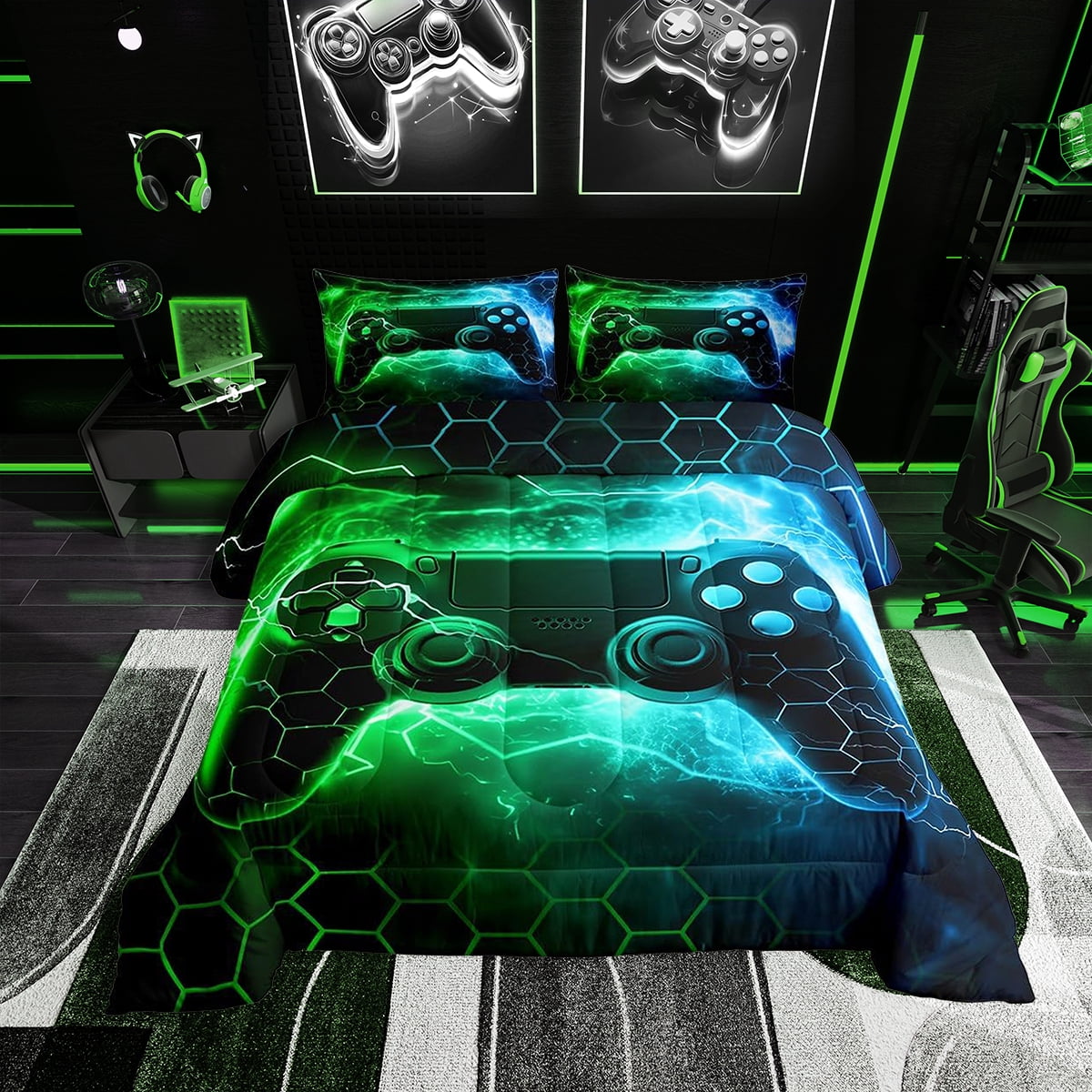 Green Gamer Bedding Set,Honeycomb Gaming Comforter Set Lightning ...