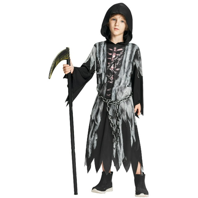 Kids Boys Halloween Grim Reaper Costume, Skeleton Bones Hooded Robe ...