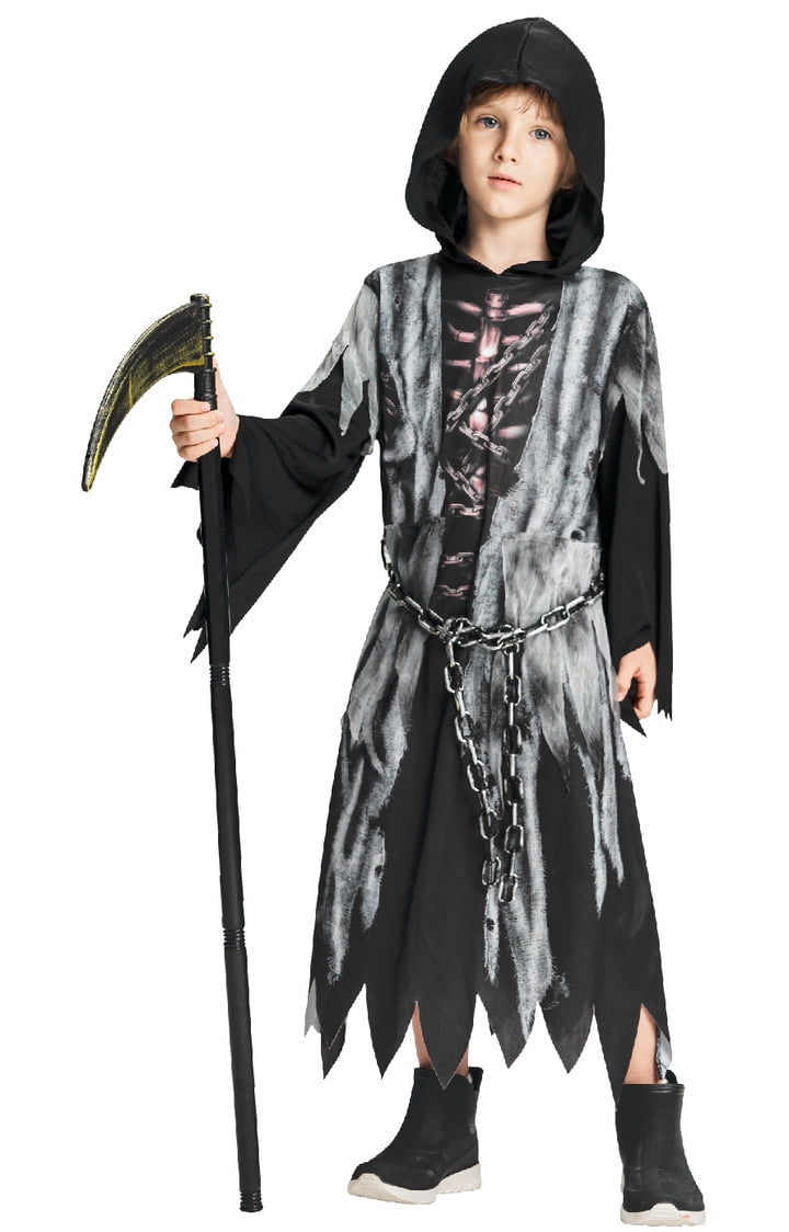 Kids Boys Halloween Grim Reaper Costume, Skeleton Bones Hooded Robe ...