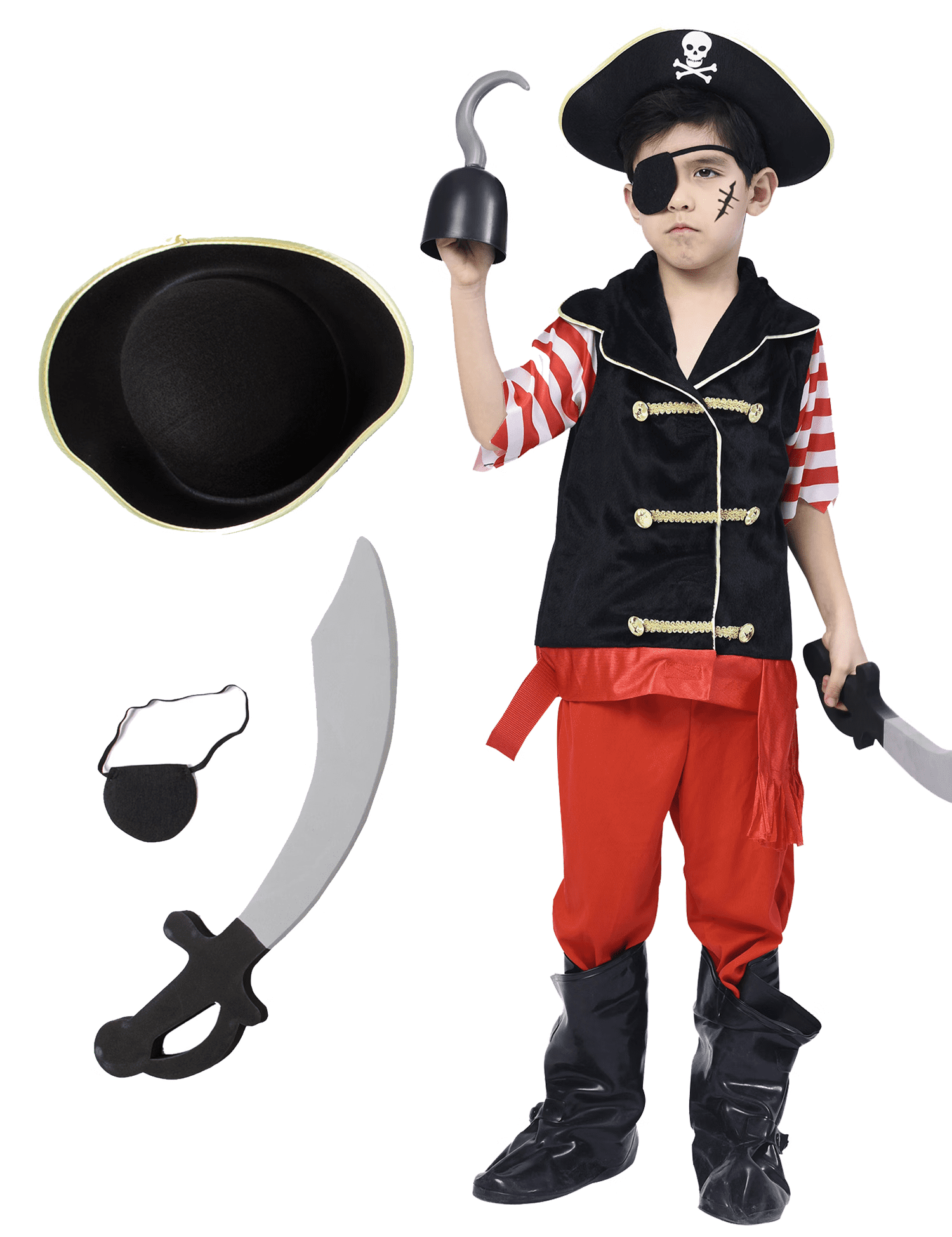 Kids Boys Pirate Costume Captain Buccaneer Fancy Dress up with Hat ...