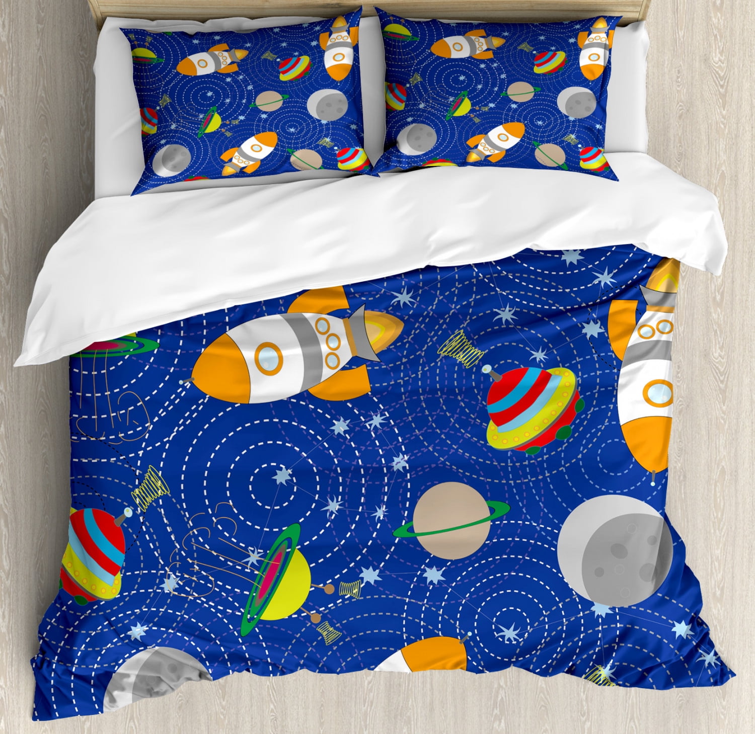 Kids Boys Queen Size Duvet Cover Set, Outer Space Themed Moon Spaceship ...
