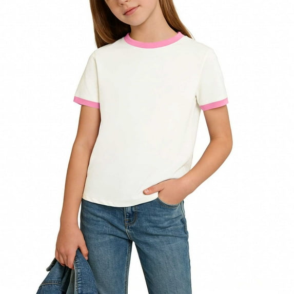 Kids Boys Ringer T-Shirt, Pink Trim Cotton Tee - Short Sleeve Classic ...