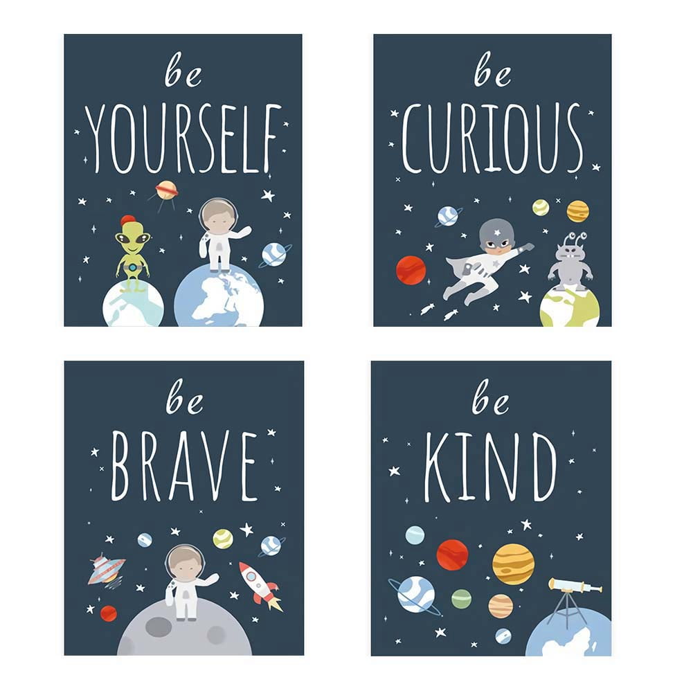 Kids Boys Room 4 Pieces Outer Space Wall Art Prints Spaceship Planet ...