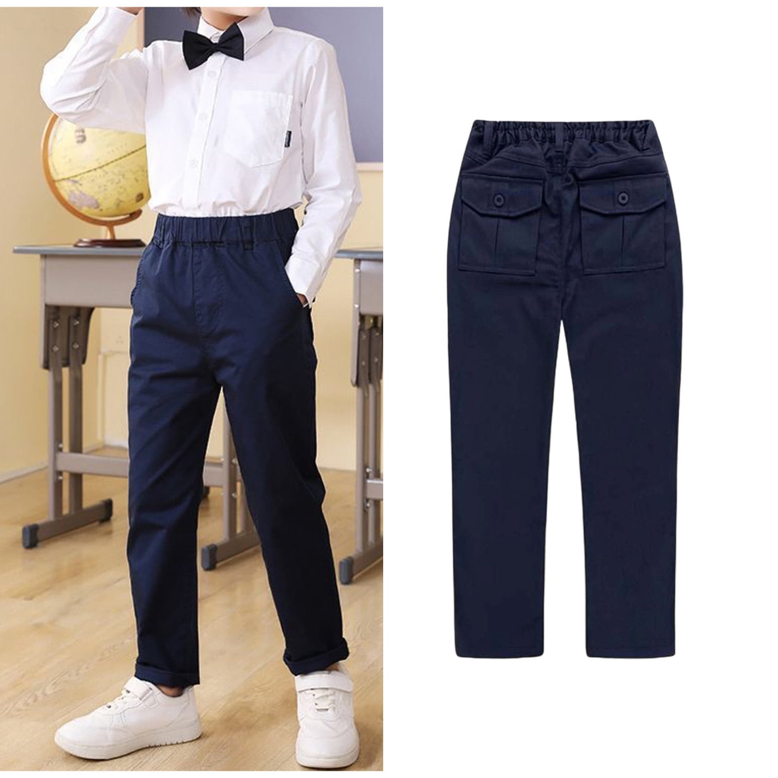 Kids Boys School Uniform Pants Pull On Chino Pants With Pockets ...