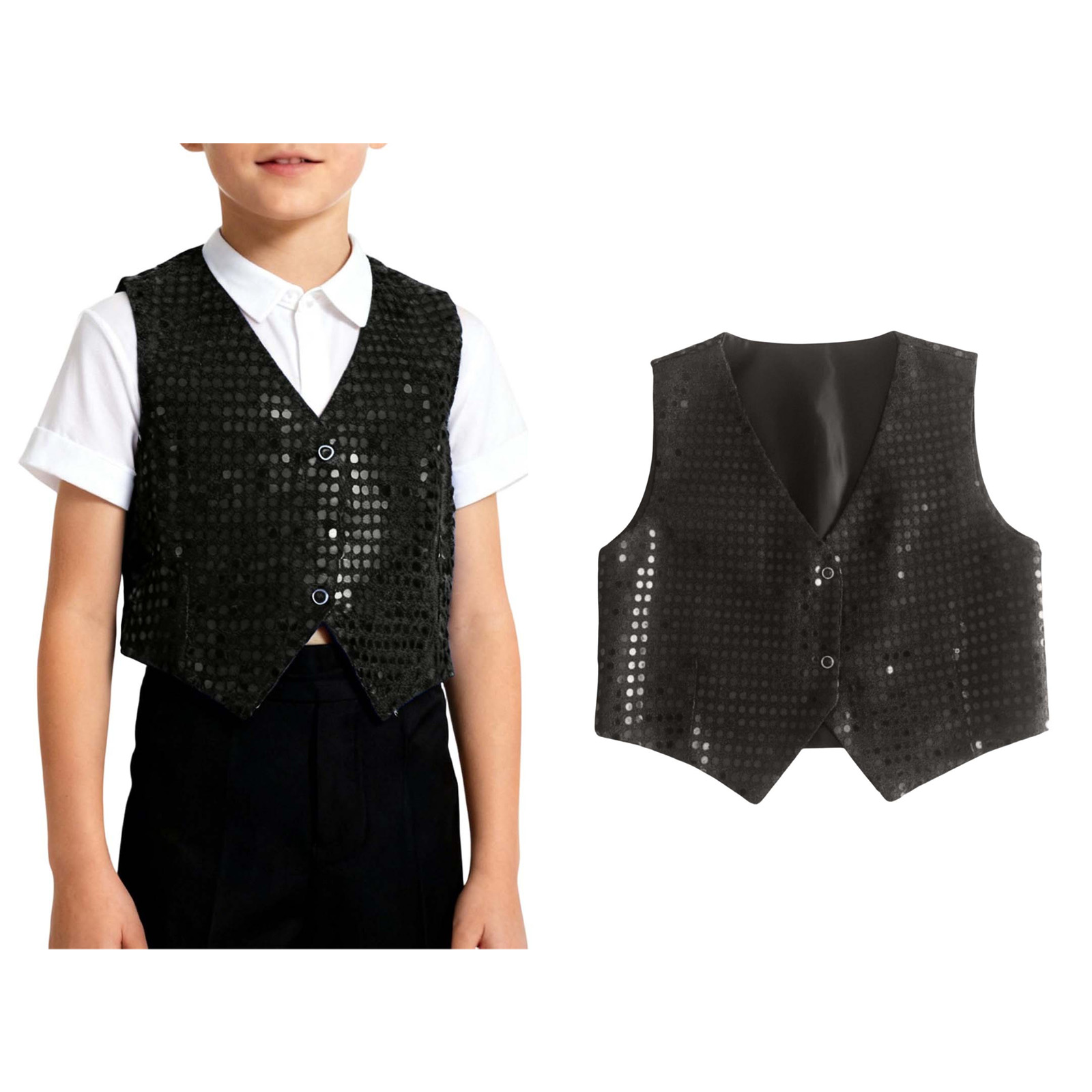 Kids Boys Sequin Vest Sleeveless Black Vest Shiny Vest Kids Hip Hop ...