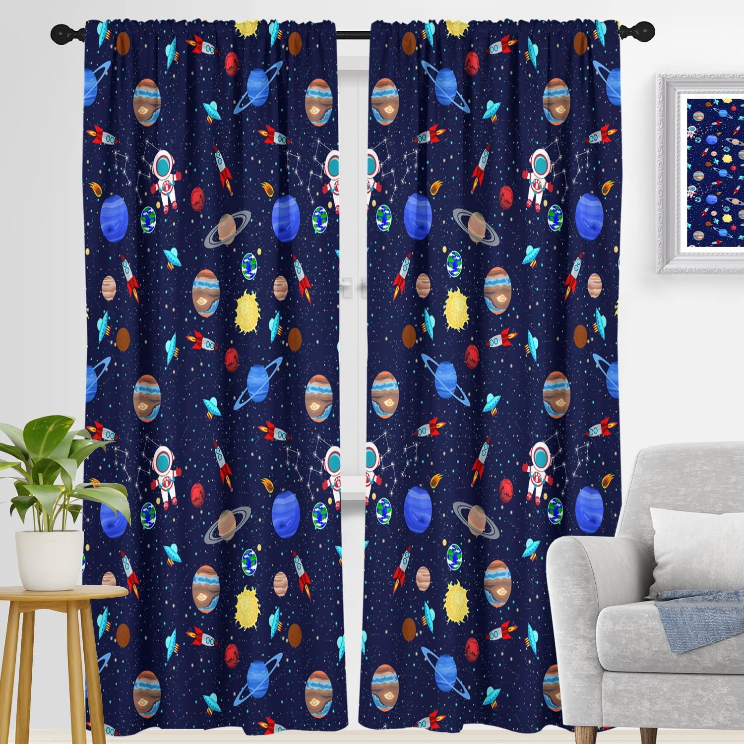 Kids Boys Window Curtain Galaxy Outer Space Playroom Spaceman Planets ...