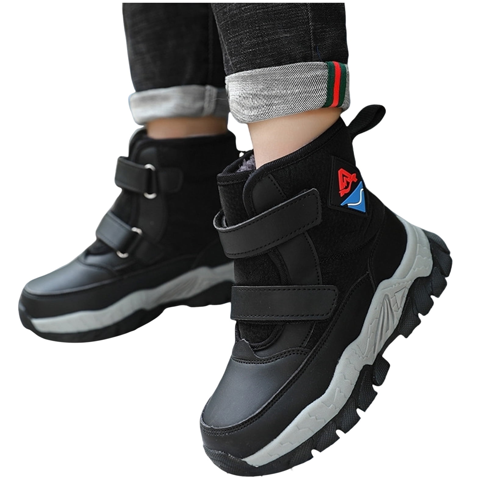 Kids Boys Winter Hiking Boots Hook and Loop Plush Lined Thickened Warm ...