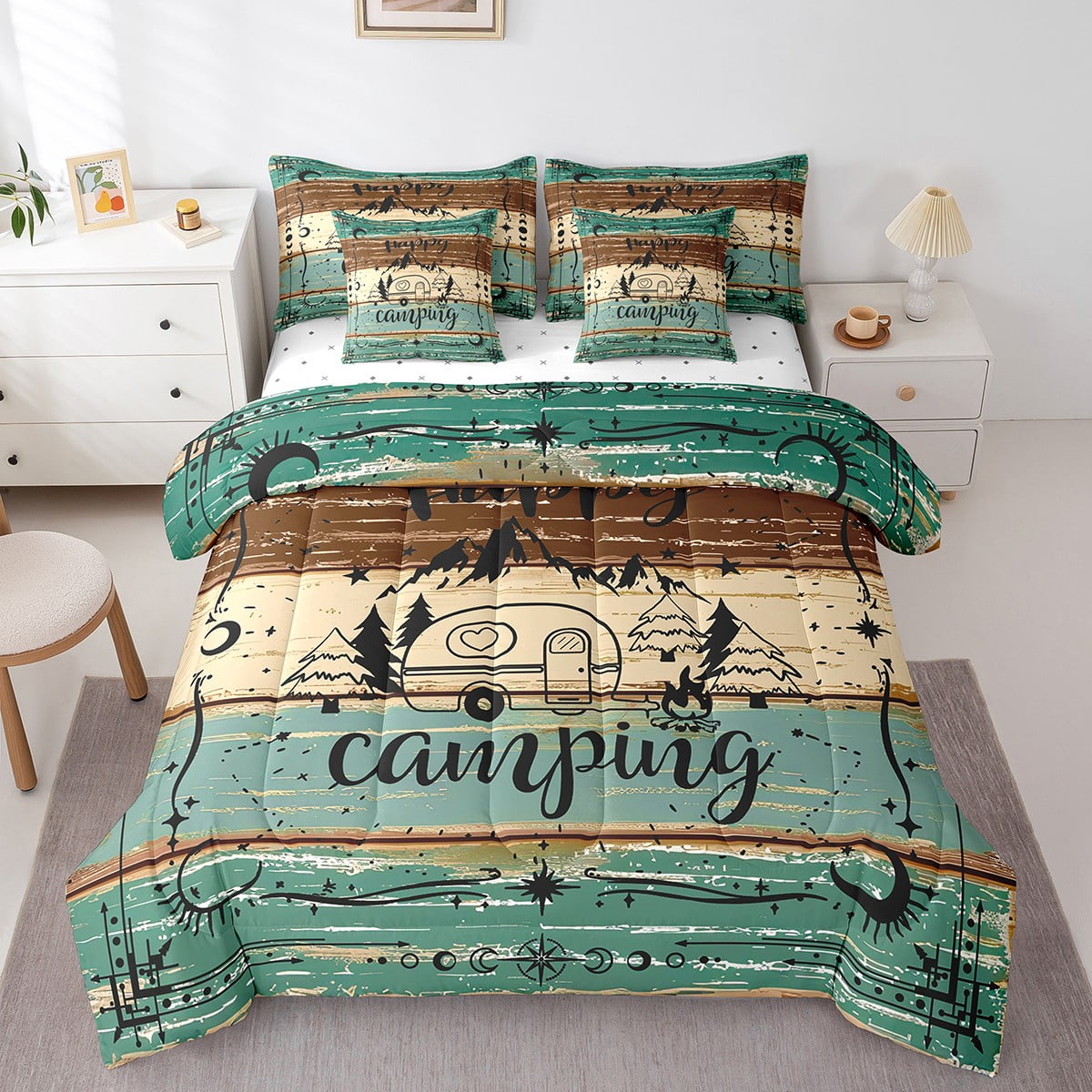 Camping Comforter Set - 7 Pieces Camper Decor Bedding Sets Queen Bed In ...