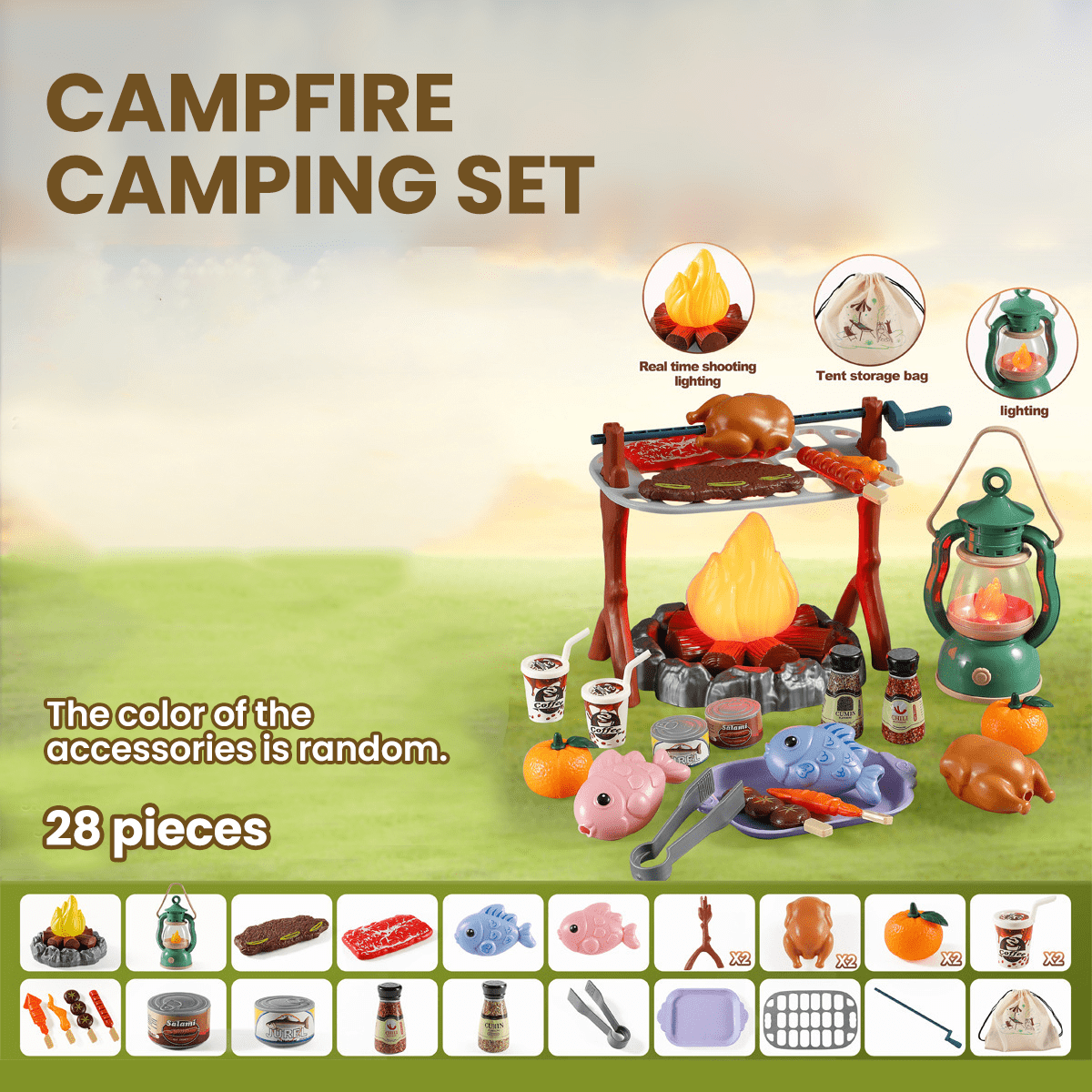 Kids Camping Play Set with BBQ Grill, Campfire & Food, Pretend Play for ...