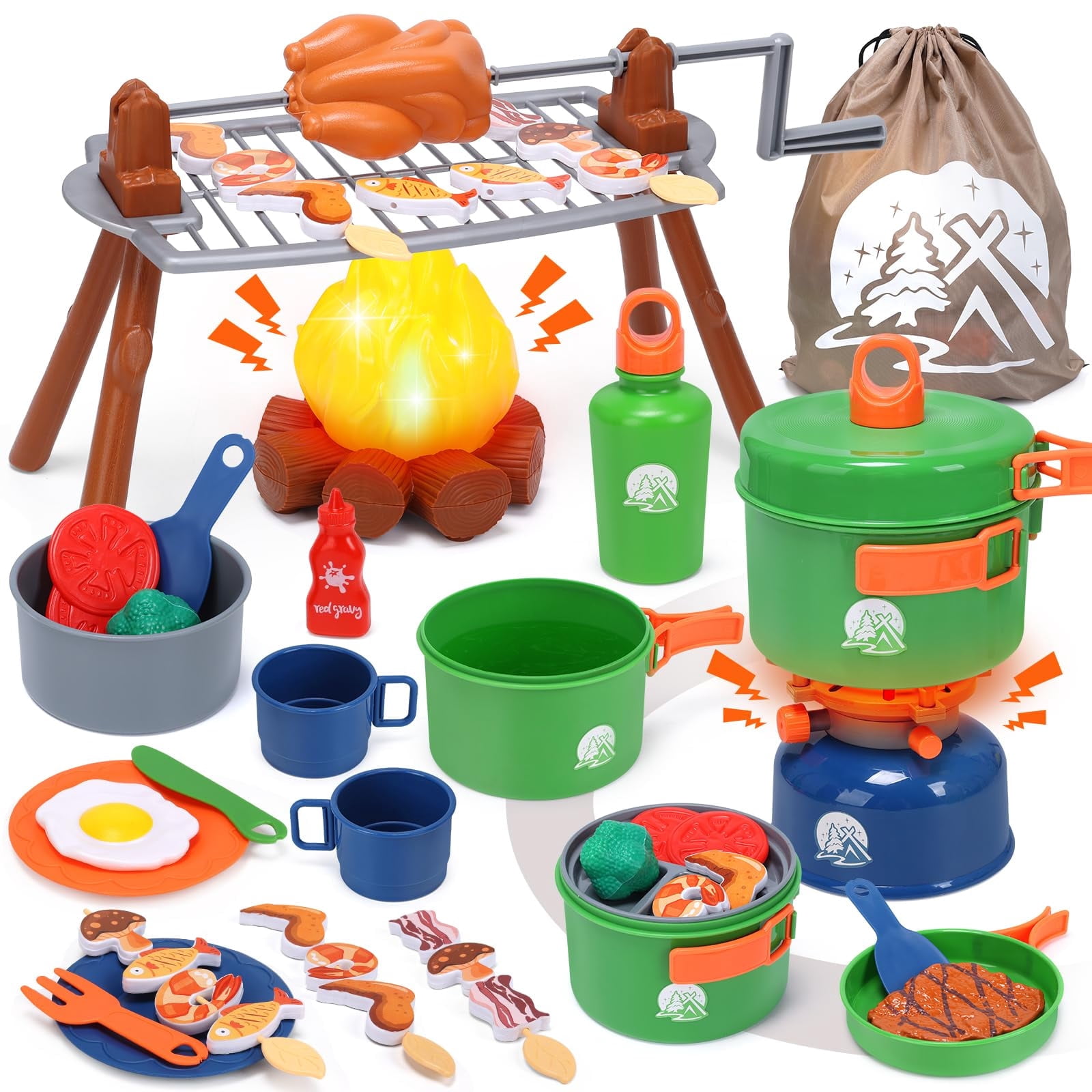 Kids Camping Playset with Light & Sound, 4-in-1 Campfire Toy Kitchen ...