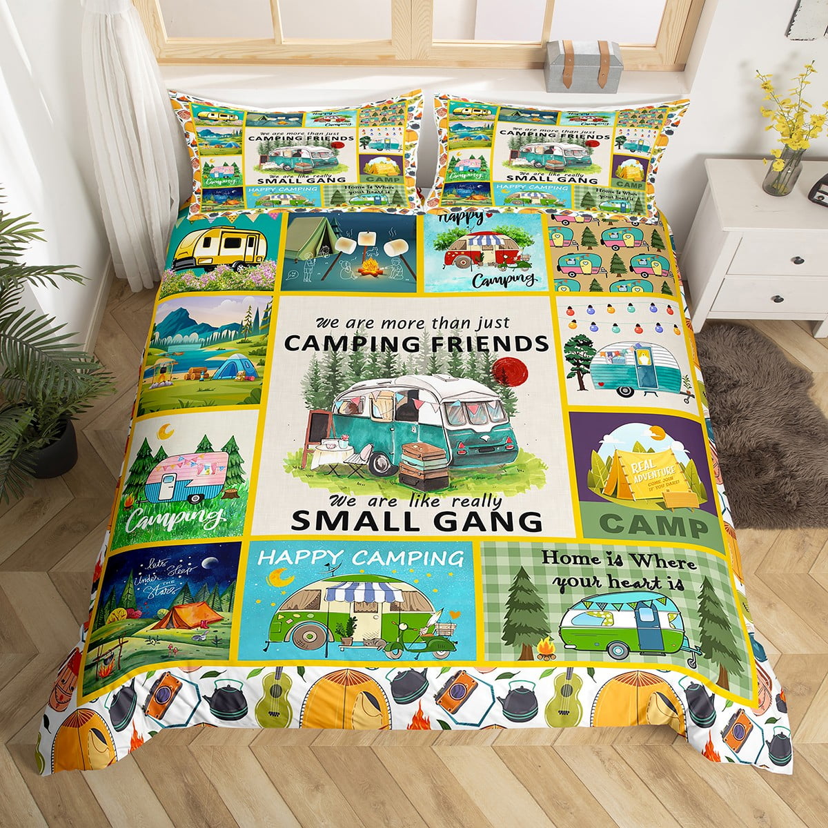 Kids Camping Themed Bedding Queen, Geometry Grids Patchwork Camper ...