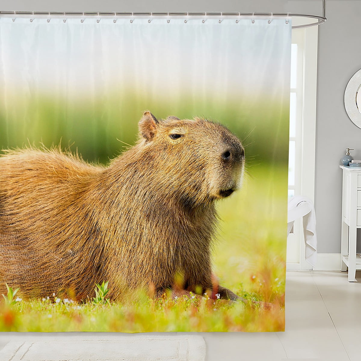 Kids Capybara Bathroom Shower Curtain Sets Brown Rodent Animal Fabric ...