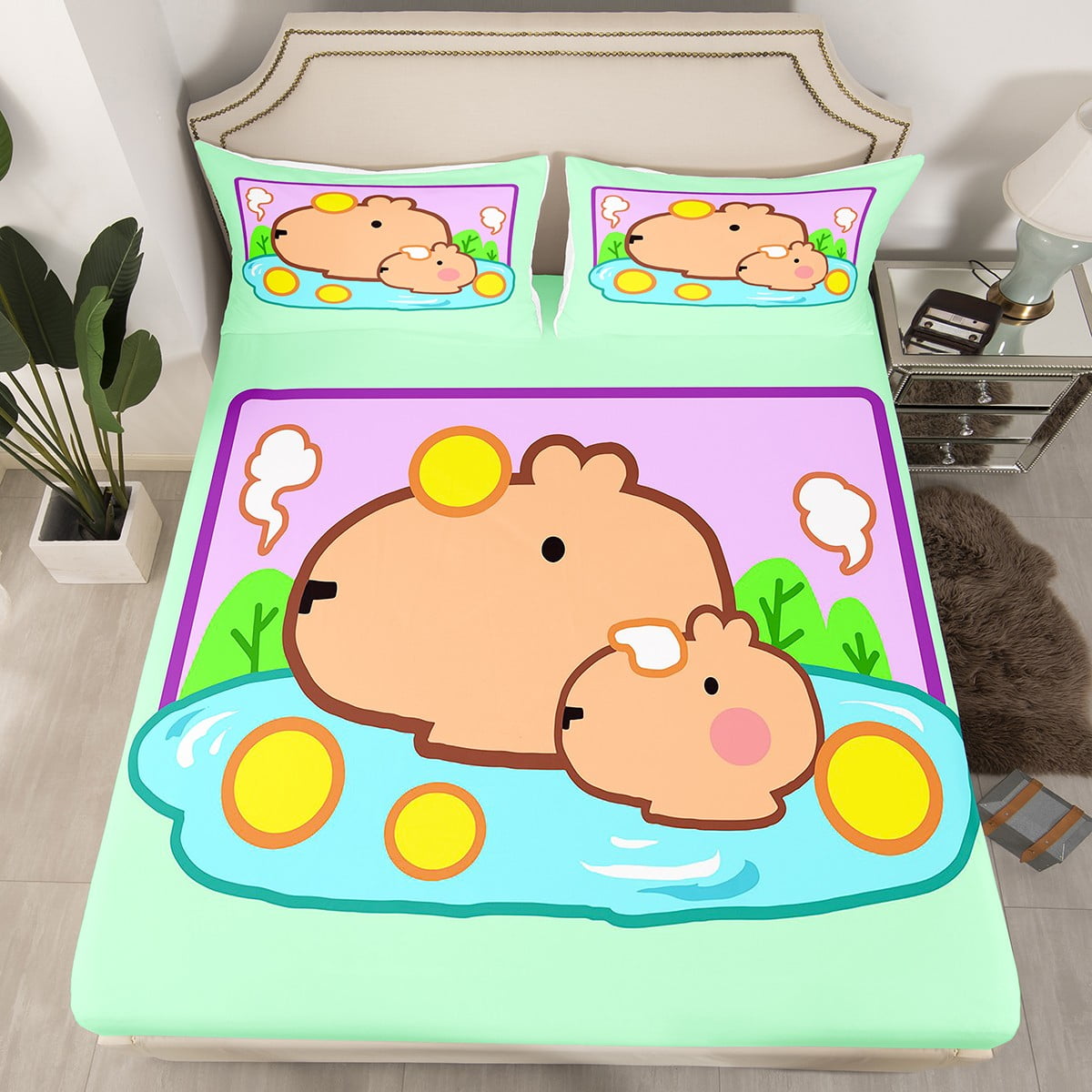 Kids Capybara Bedding Set Kawaii Pet Animals Theme Bed Sheets, Cartoon ...