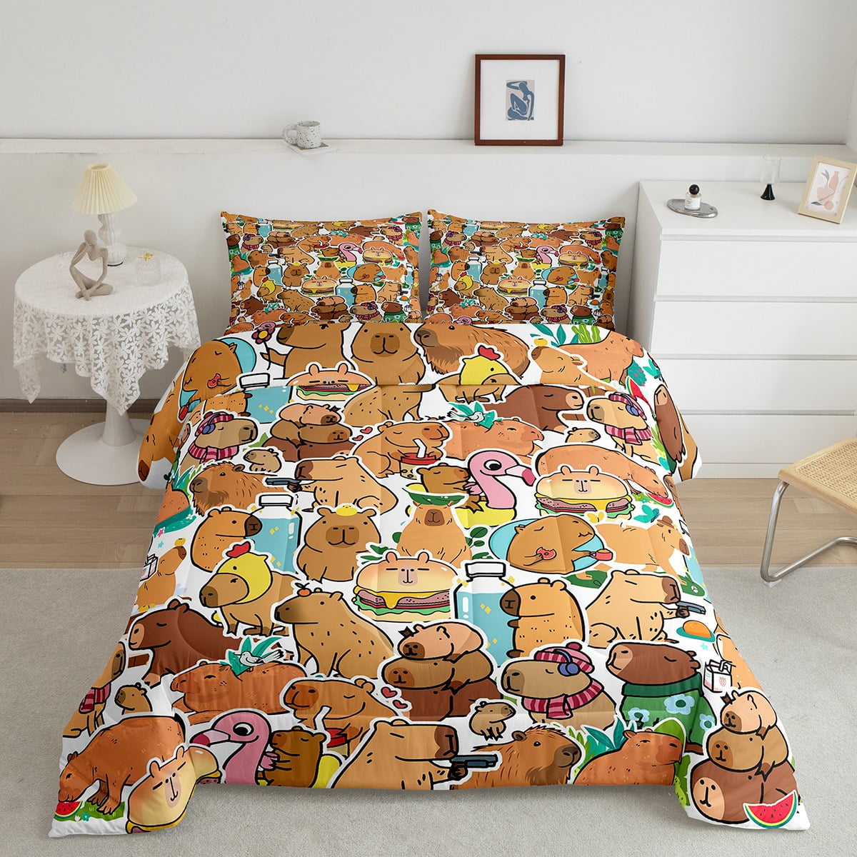 Kids Capybara Comforter Set Kawaii Rodent Animal Pattern Bedding Twin ...