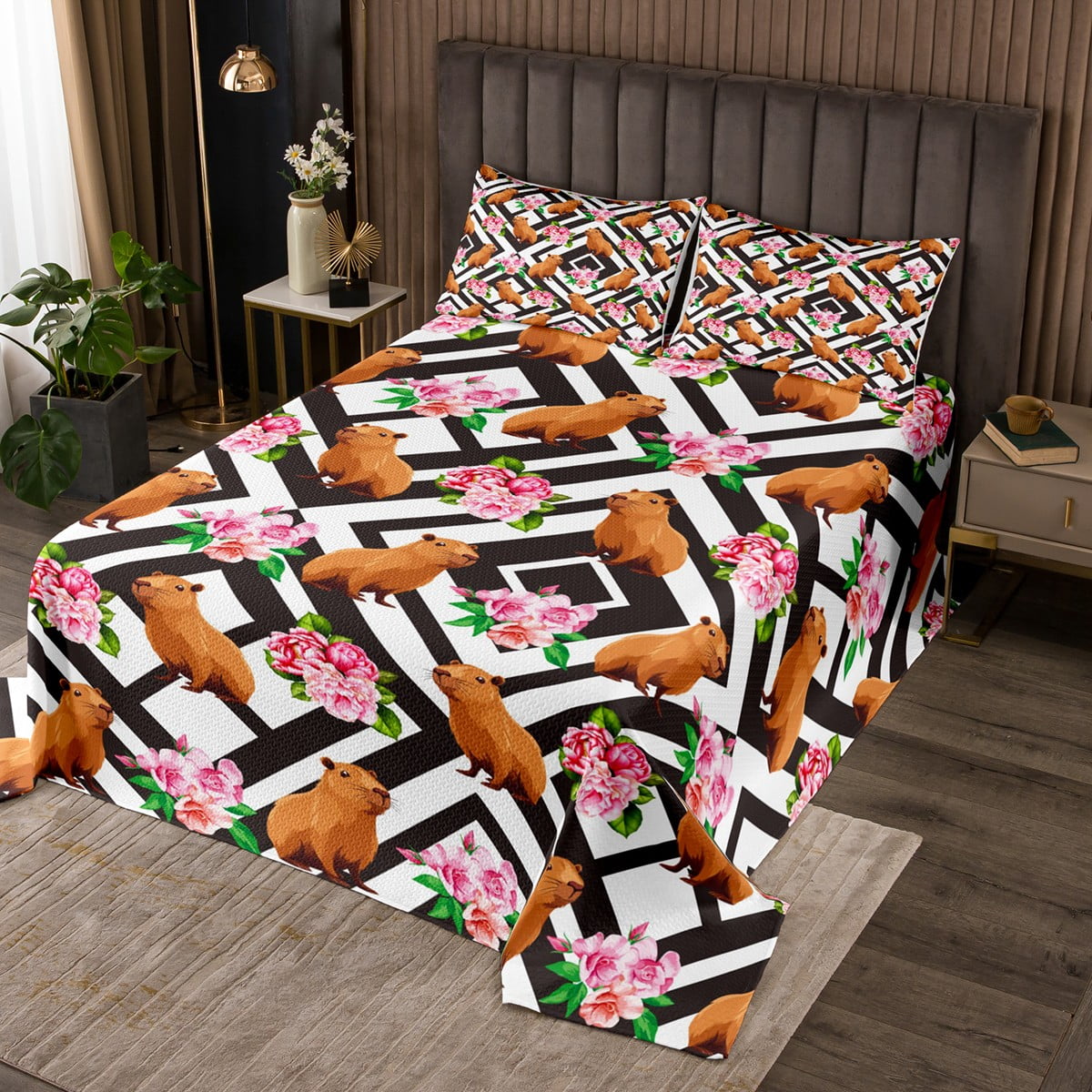 Kids Capybara Coverlet Set Cartoon Capybara Pink Floral Decor Twin ...