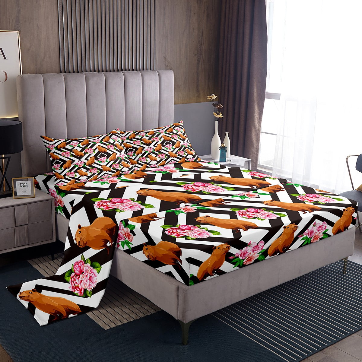 Capybara Sheets Cartoon Capybara Pink Floral Decor Queen Bed Sheets Set ...