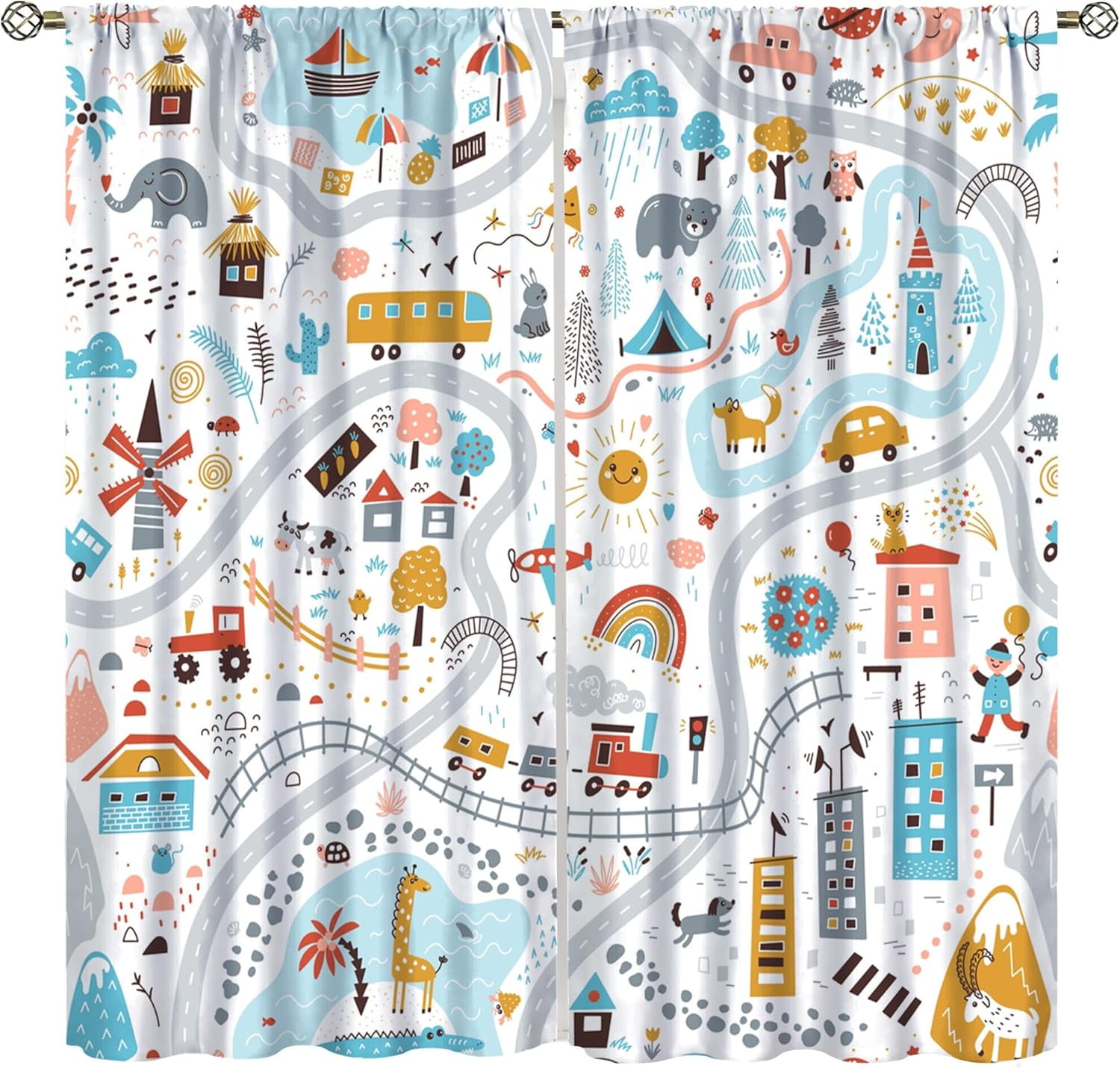 Kids Car Blackout Curtains, Cartoon Bus Car Camp Woodland Pine Tree ...