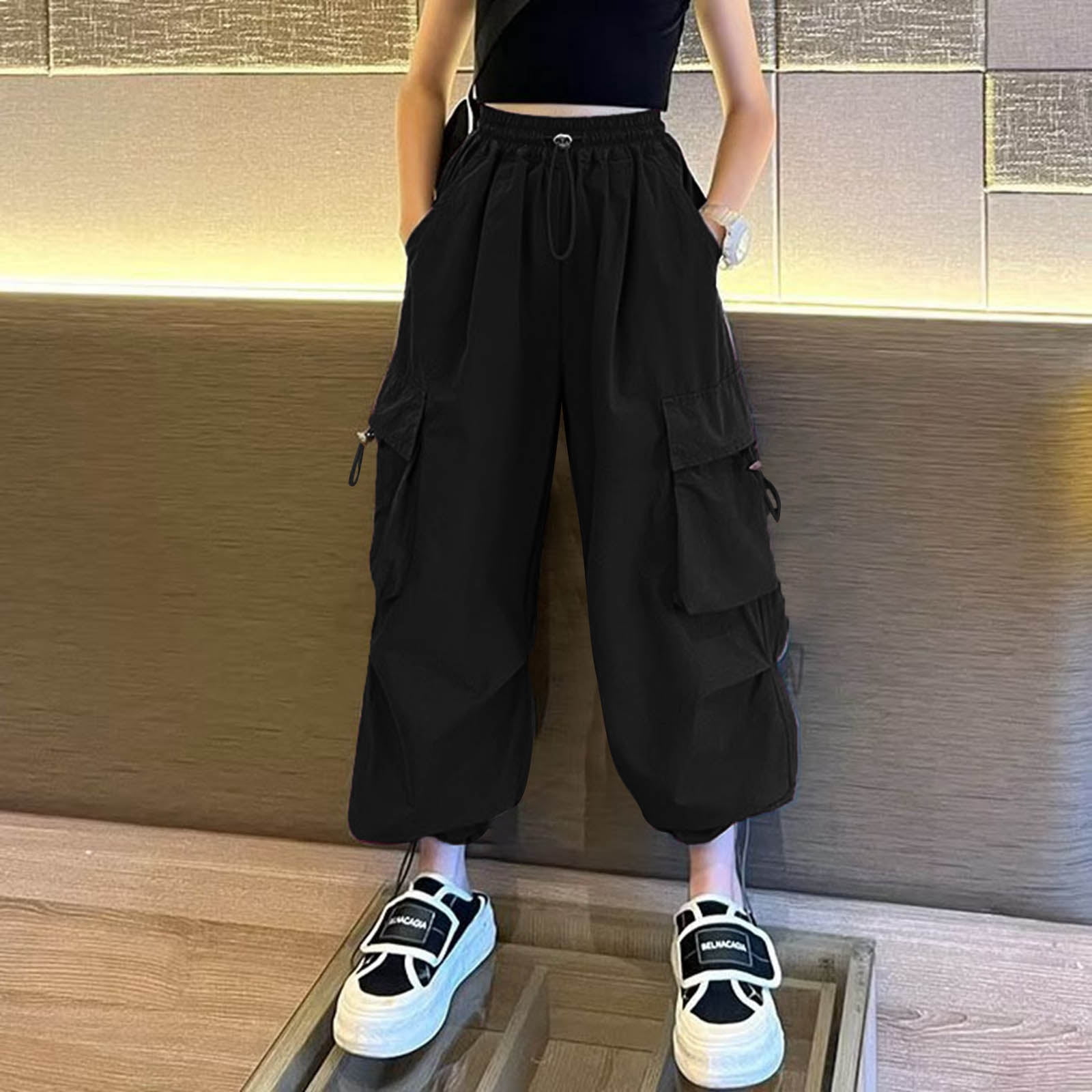 Kids Cargo Pants Fashion Baggy Pants Stretch Elastic Waist Black Cargo ...