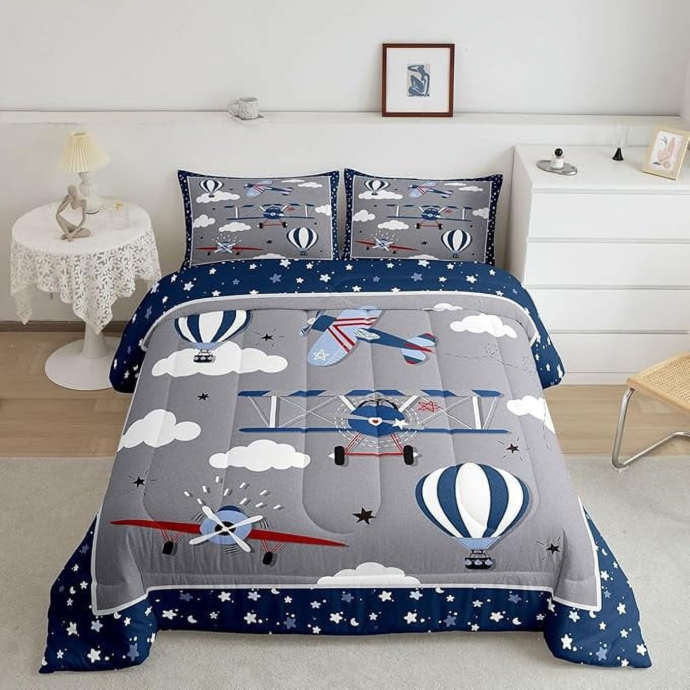 Cartoon Airplane Comforter Set Twin Size Navy Stripes Hot Air Balloon ...