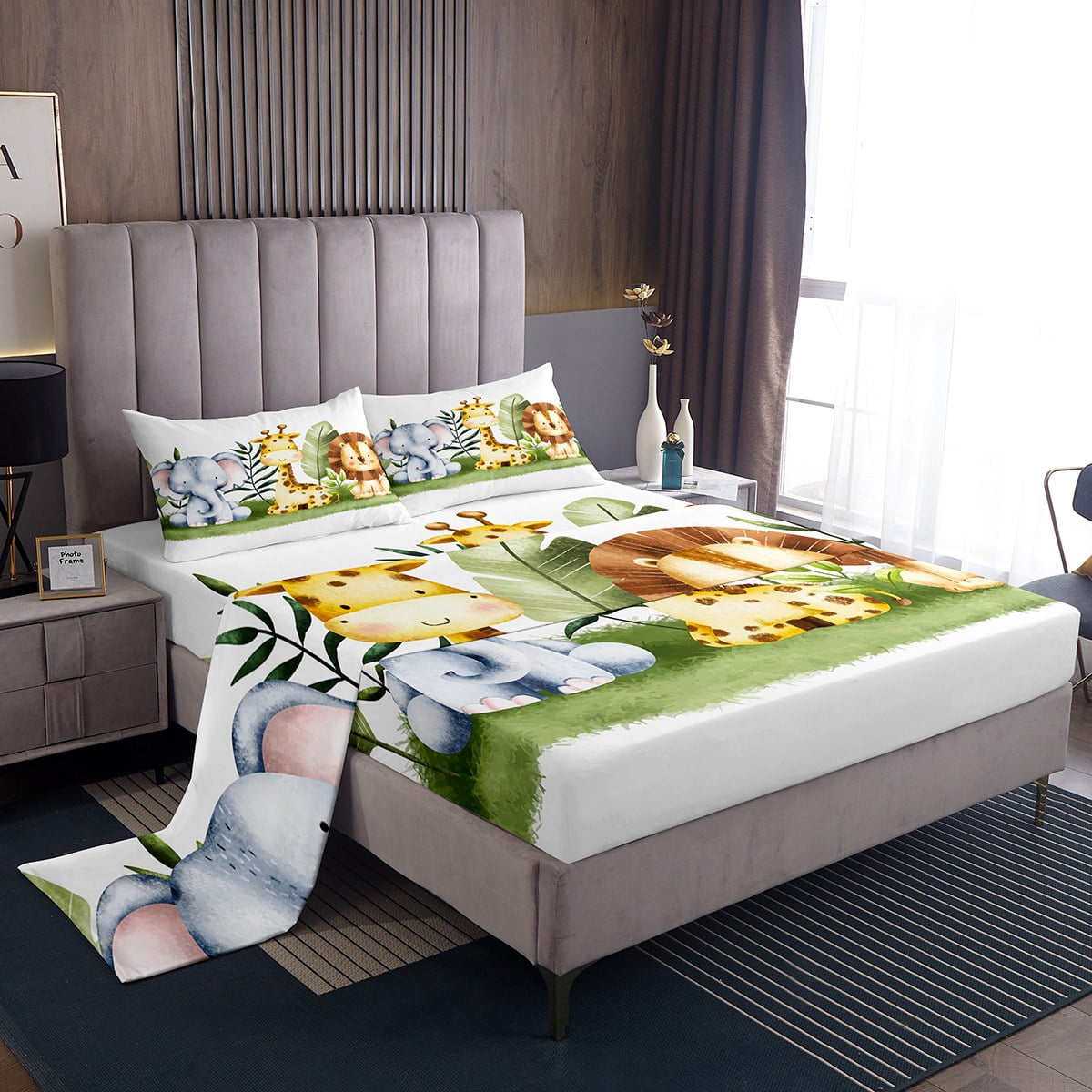 Kids Cartoon Animals Bed Sheets King Boys Girls Cute Giraffe Lion ...