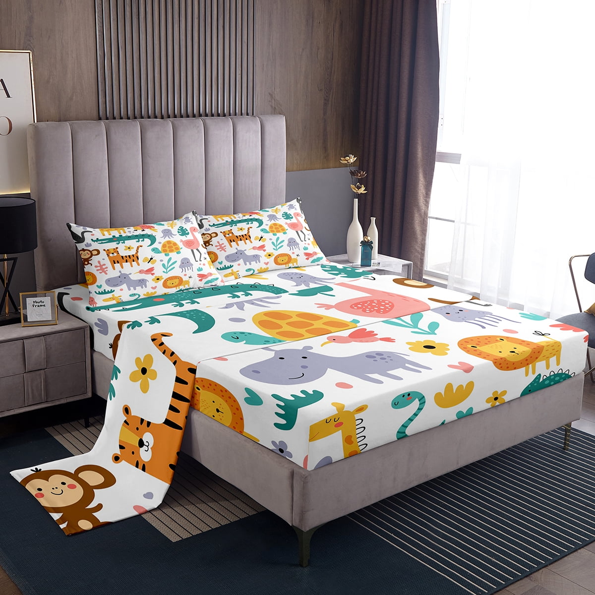 Cartoon Animals Bedding Set Queen,Cute Lion Tiger Bed Sheets Set,Lovely ...