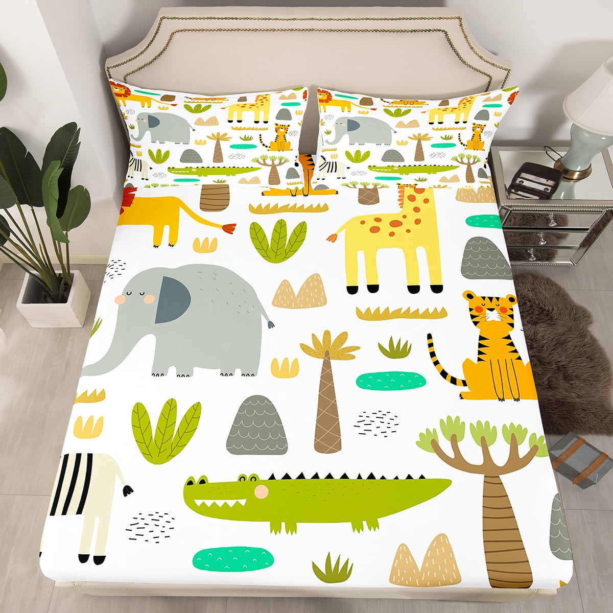 Kids Cartoon Animals Fitted Sheet Queen,Cute Elephant Giraffe Bedding ...